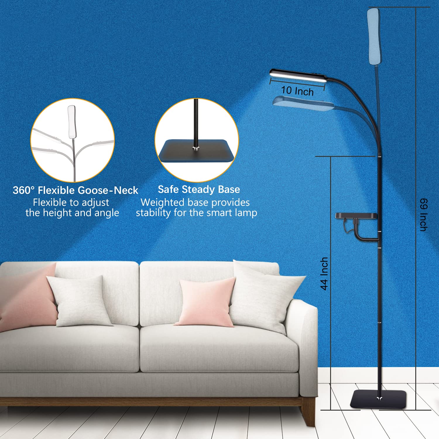 GMK Smart LED Floor Lamp, 12W Bright Standing Lamp with Wireless Charger, Stepless Adjustable 2700-6500K Modern Floor Lamp, Reading Floor Lamp with Remote & Voice Control for Living Room, Bedroom