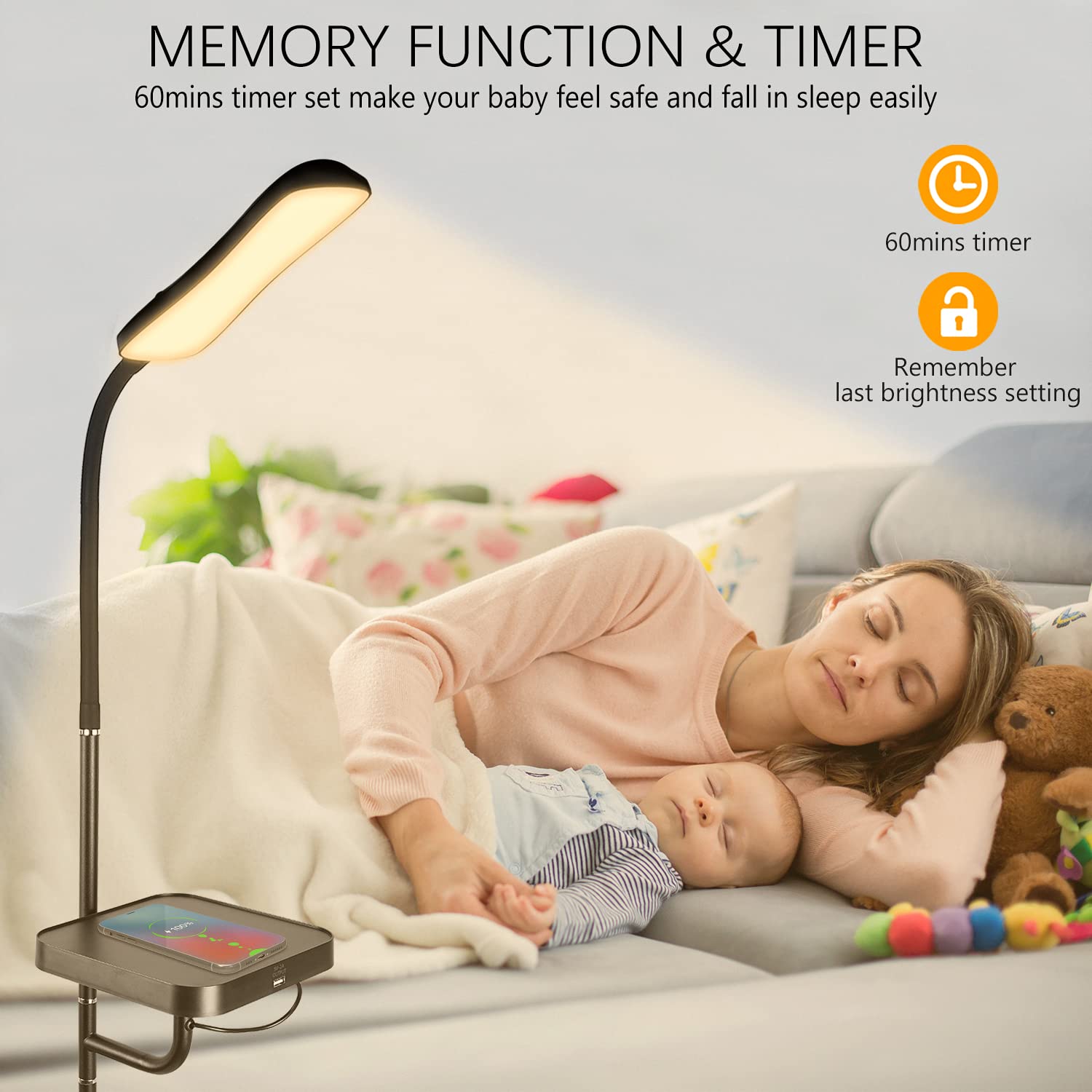 GMK Smart LED Floor Lamp, 12W Bright Standing Lamp with Wireless Charger, Stepless Adjustable 2700-6500K Modern Floor Lamp, Reading Floor Lamp with Remote & Voice Control for Living Room, Bedroom