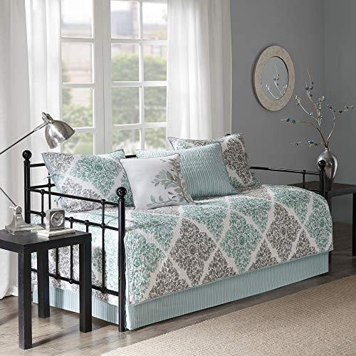 Madison Park Daybed Cover Set - Double Sided Quilting Casual Design, All Season Bedding with Bedskirt, Matching Shams, Decorative Pillow, 75"x39", Diamond Aqua 6 Piece
