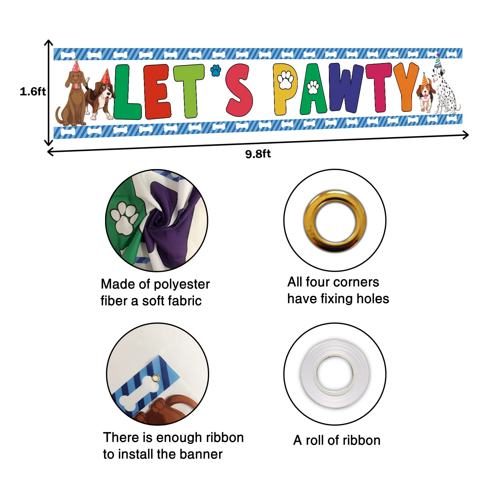 MEFENG Let's Pawty Banner Dog Puppy Theme Birthday Backdrop Yard Sign Pet Dog Birthday Decorations Party Supplies -9.8x1.6 ft.