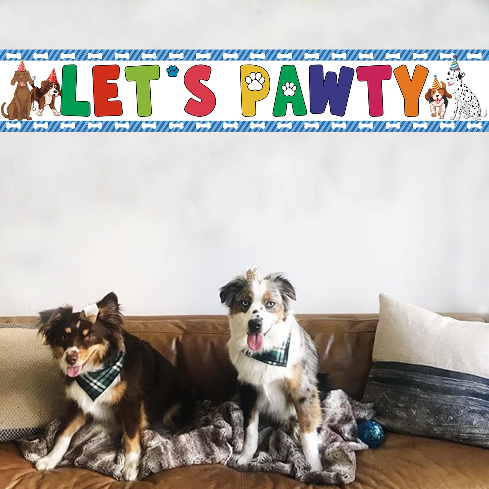 MEFENG Let's Pawty Banner Dog Puppy Theme Birthday Backdrop Yard Sign Pet Dog Birthday Decorations Party Supplies -9.8x1.6 ft.