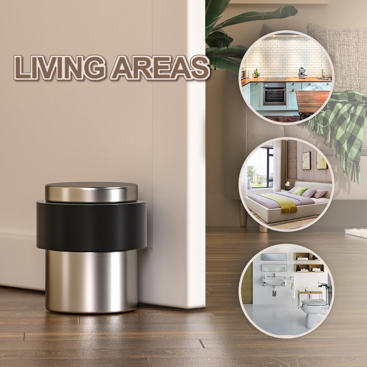 SANATO Nickel Cylindrical Floor Mounted Stainless Steel 304 Door Stop Door Stopper with Black Rubber, 2 Pack