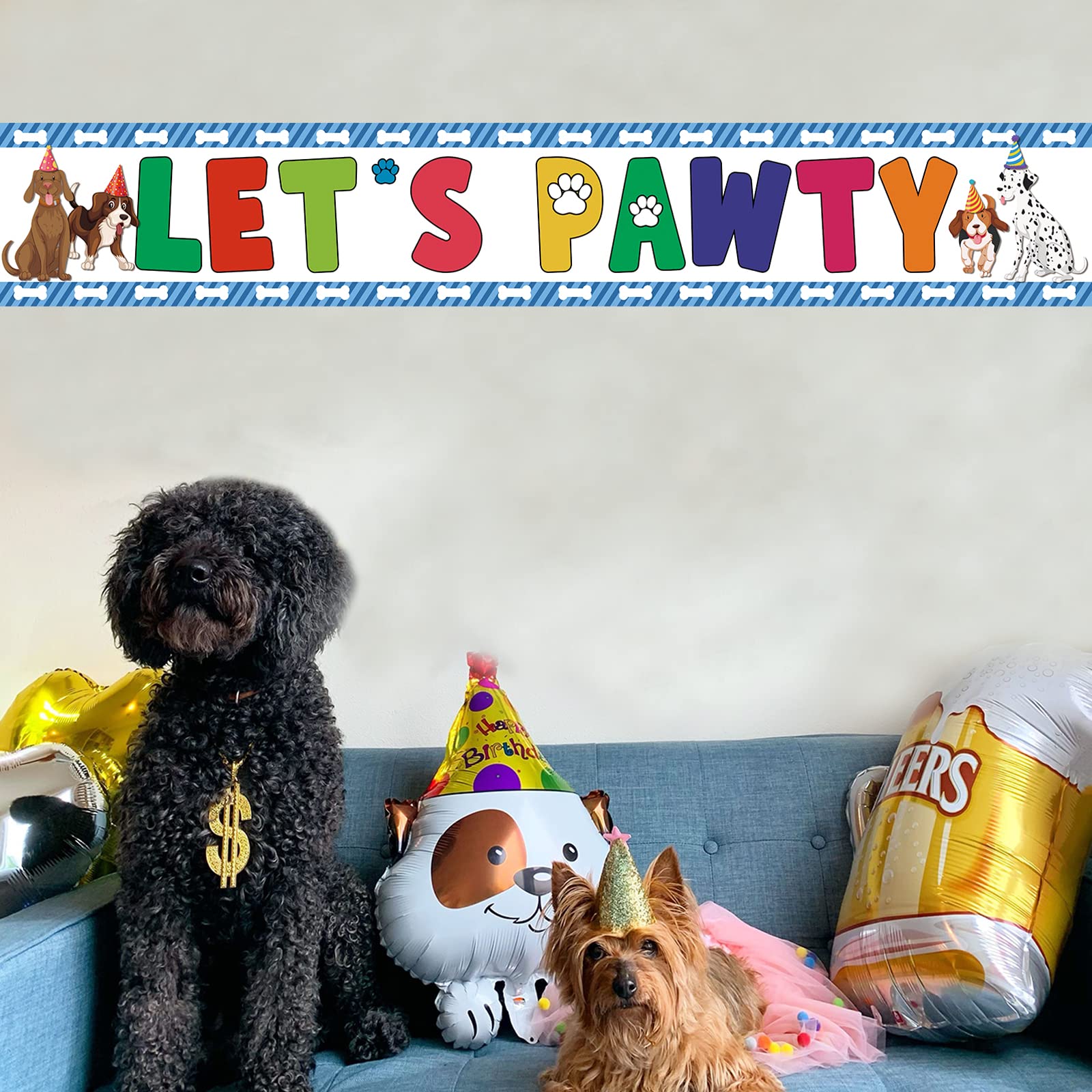 MEFENG Let's Pawty Banner Dog Puppy Theme Birthday Backdrop Yard Sign Pet Dog Birthday Decorations Party Supplies -9.8x1.6 ft.