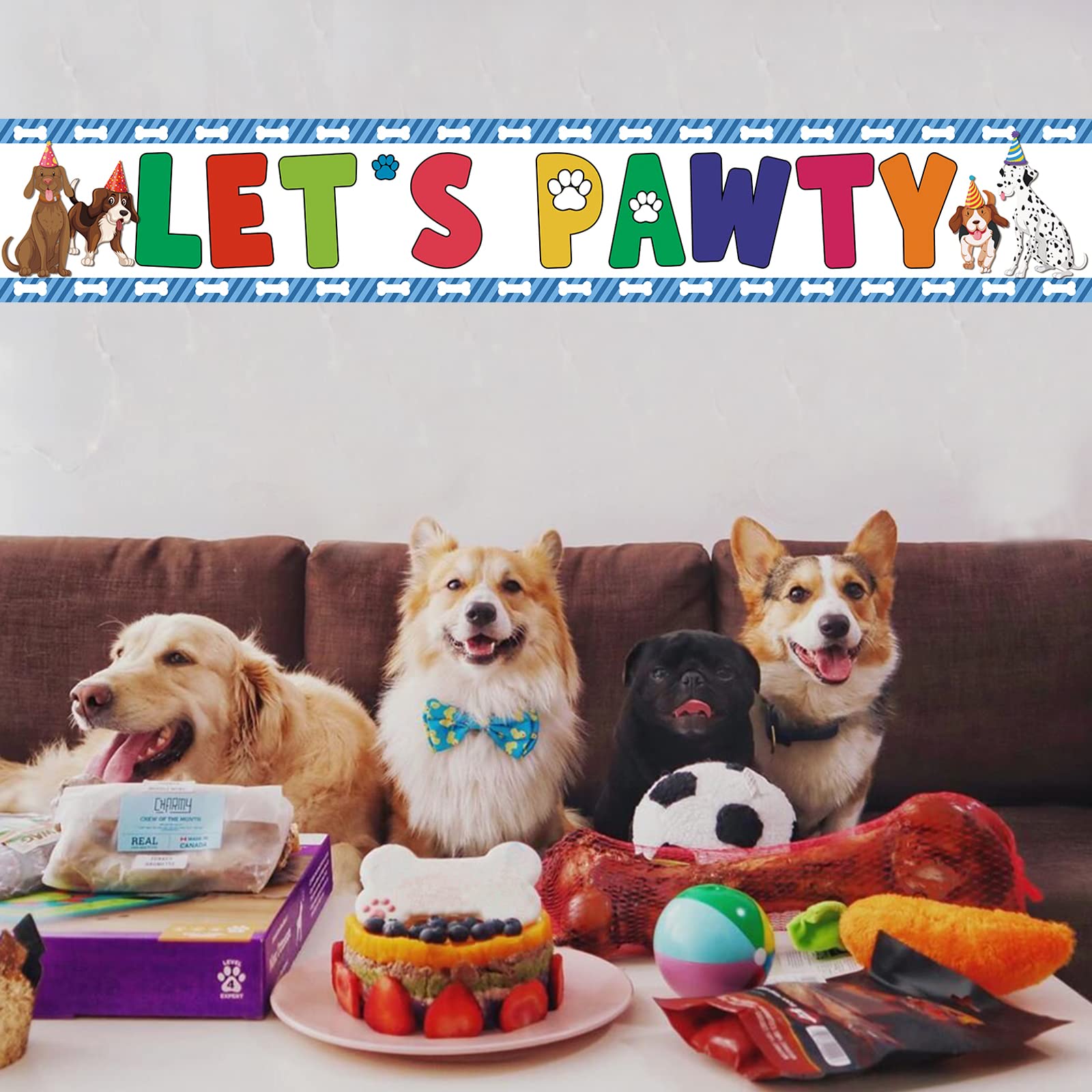 MEFENG Let's Pawty Banner Dog Puppy Theme Birthday Backdrop Yard Sign Pet Dog Birthday Decorations Party Supplies -9.8x1.6 ft.