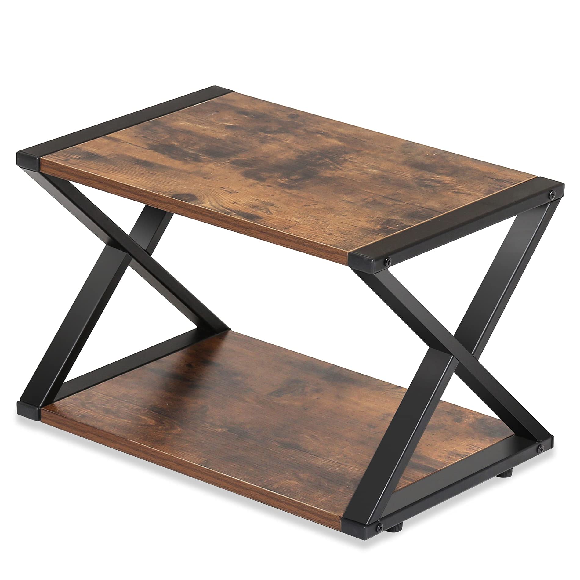 FITUEYES Desktop Printer Stand, Desk Printer Shelf for Small Space Storage , 2 Tiers Stackable Book Shelf Printer Table Organizer with Adjustable Feet for Home Office, Wood & Steel, (Rustic Brown)
