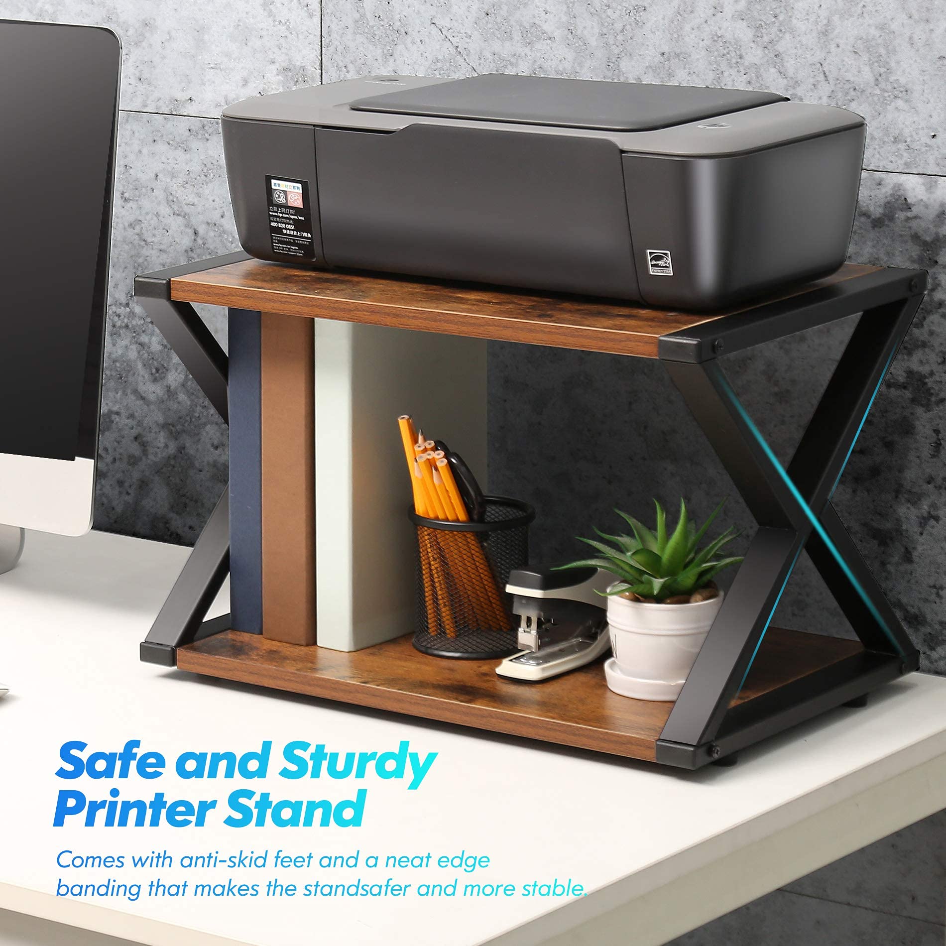 FITUEYES Desktop Printer Stand, Desk Printer Shelf for Small Space Storage , 2 Tiers Stackable Book Shelf Printer Table Organizer with Adjustable Feet for Home Office, Wood & Steel, (Rustic Brown)