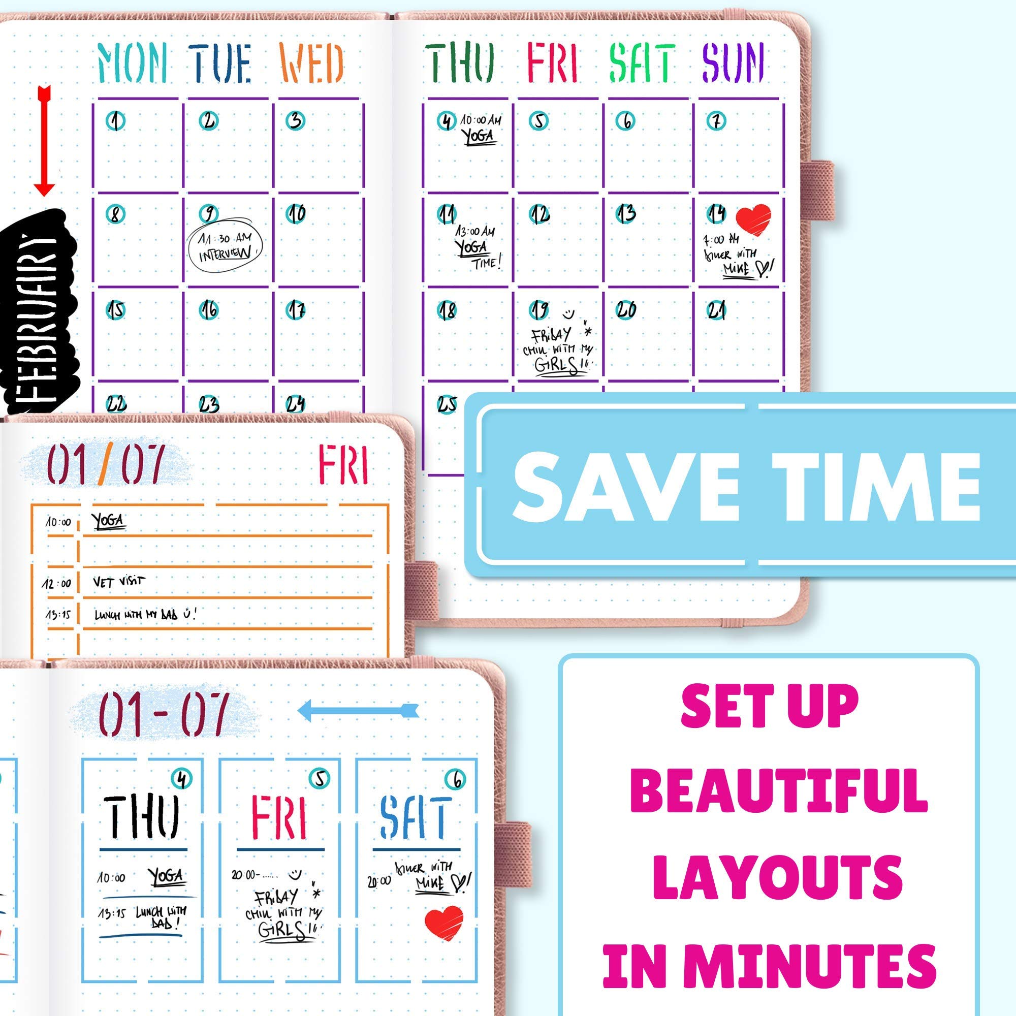 Easy to Use Stencil Set for Dotted Journals - Time Saving Planner Accessories/Supplies Kit Makes Creating Layouts Easy - Incl. Bullet Point Checklists, Daily/Weekly/Monthly Calendars