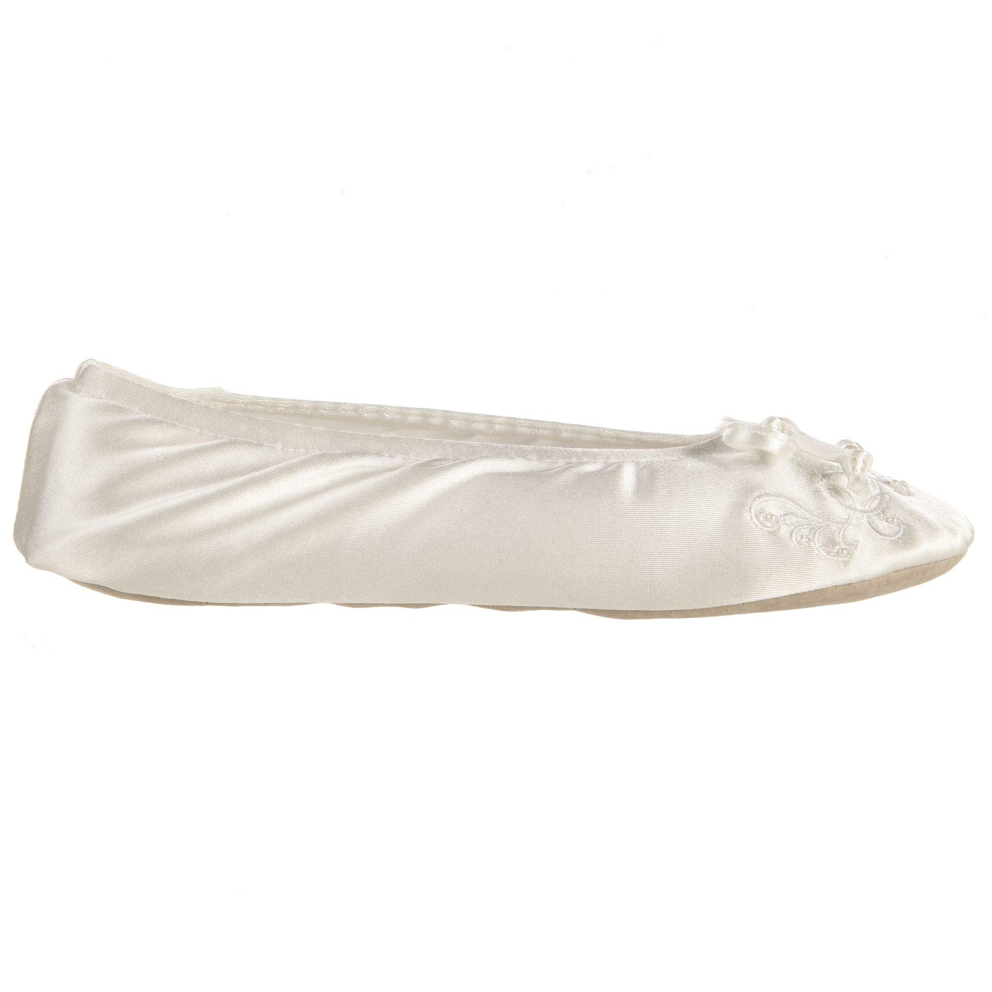 isotoner womens Satin Ballerina Slippers With Embroidered Pearl Ballet Flat, White, 6.5-7.5 US