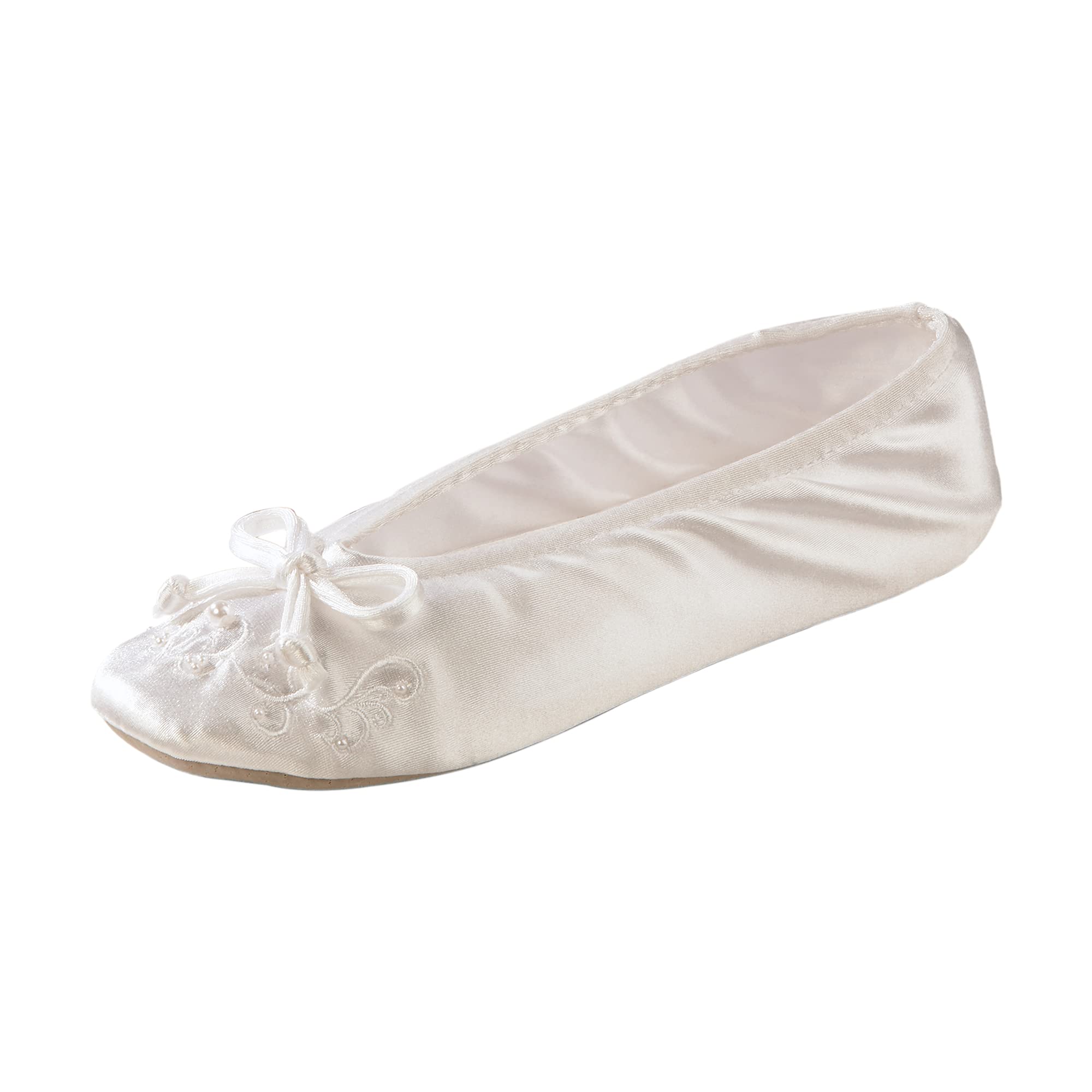 isotoner womens Satin Ballerina Slippers With Embroidered Pearl Ballet Flat, White, 6.5-7.5 US
