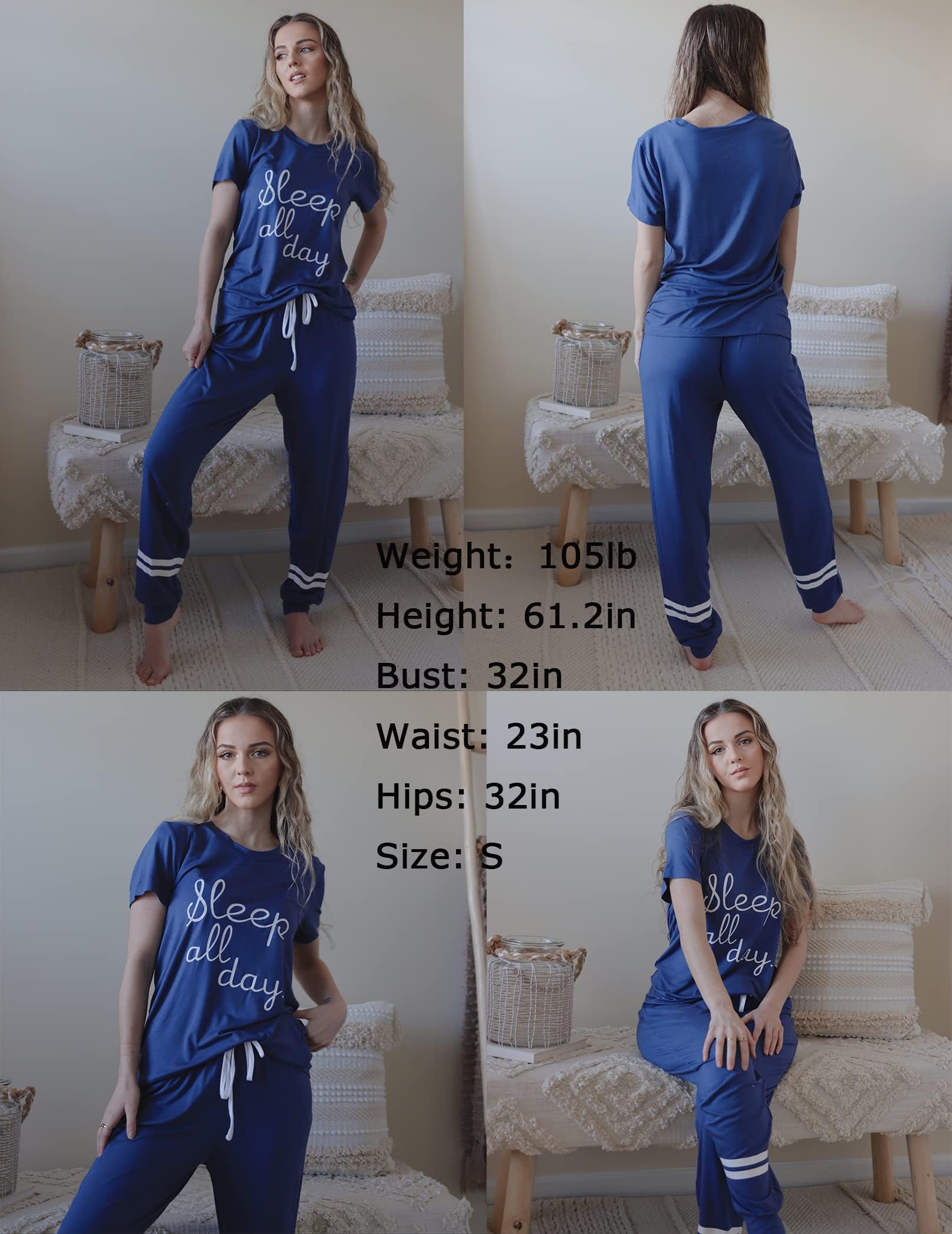Ekouaer Pj Sets for Women Soft Sleep Wear Outfits Cute Pajama Tshirt and Long Pants Adjustment Drawstring Valentine day Navy