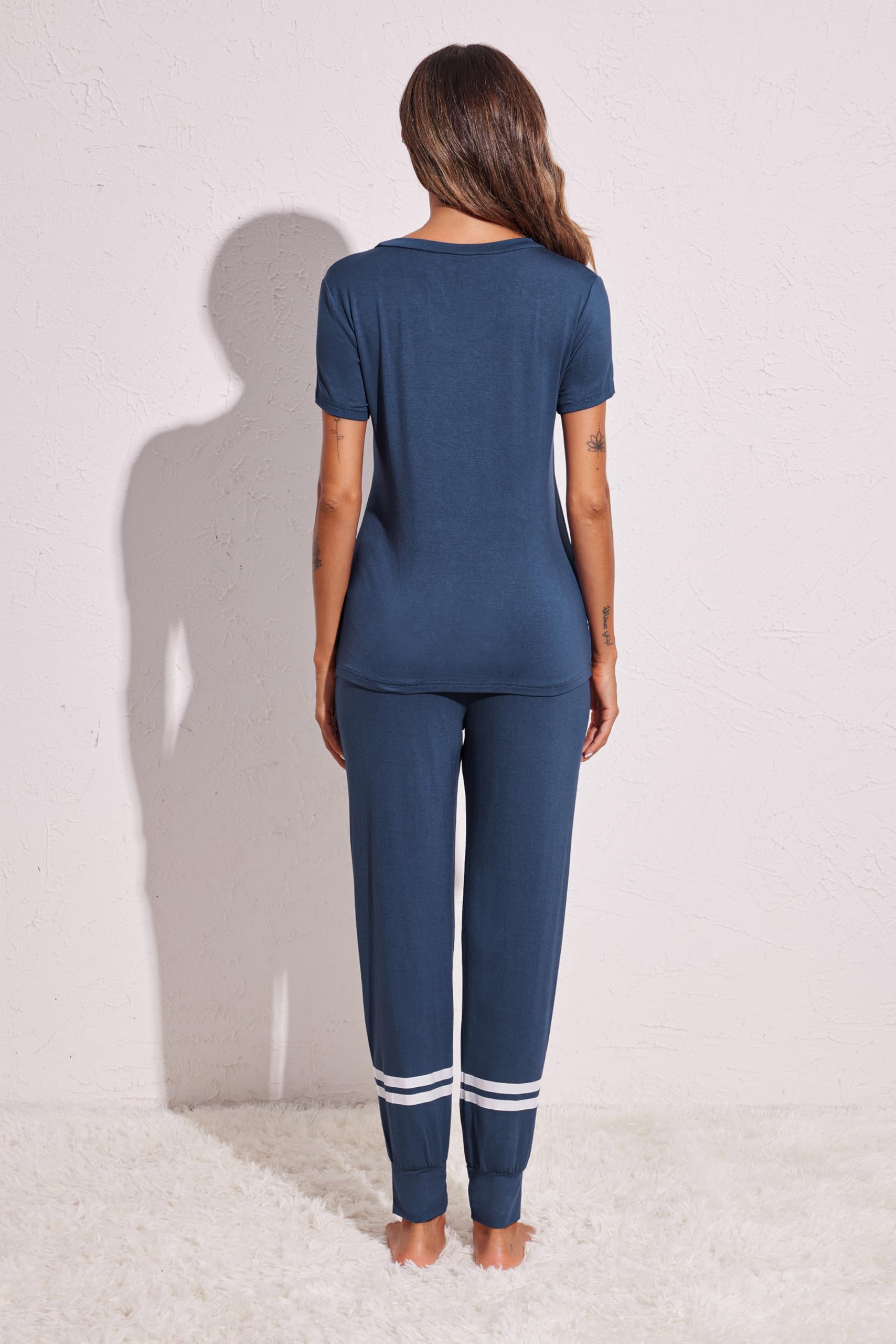 Ekouaer Pj Sets for Women Soft Sleep Wear Outfits Cute Pajama Tshirt and Long Pants Adjustment Drawstring Valentine day Navy