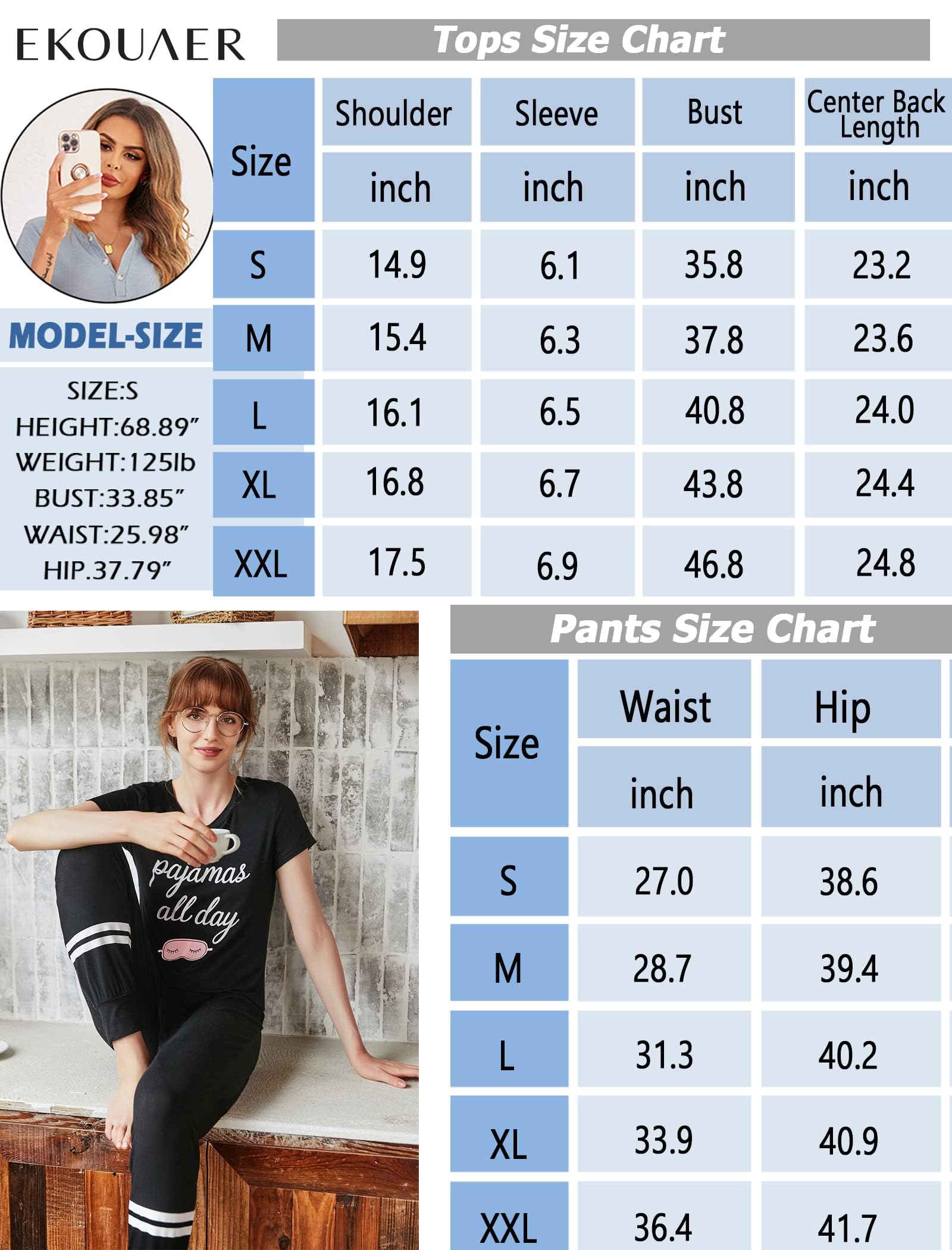 Ekouaer Pj Sets for Women Soft Sleep Wear Outfits Cute Pajama Tshirt and Long Pants Adjustment Drawstring Valentine day Navy