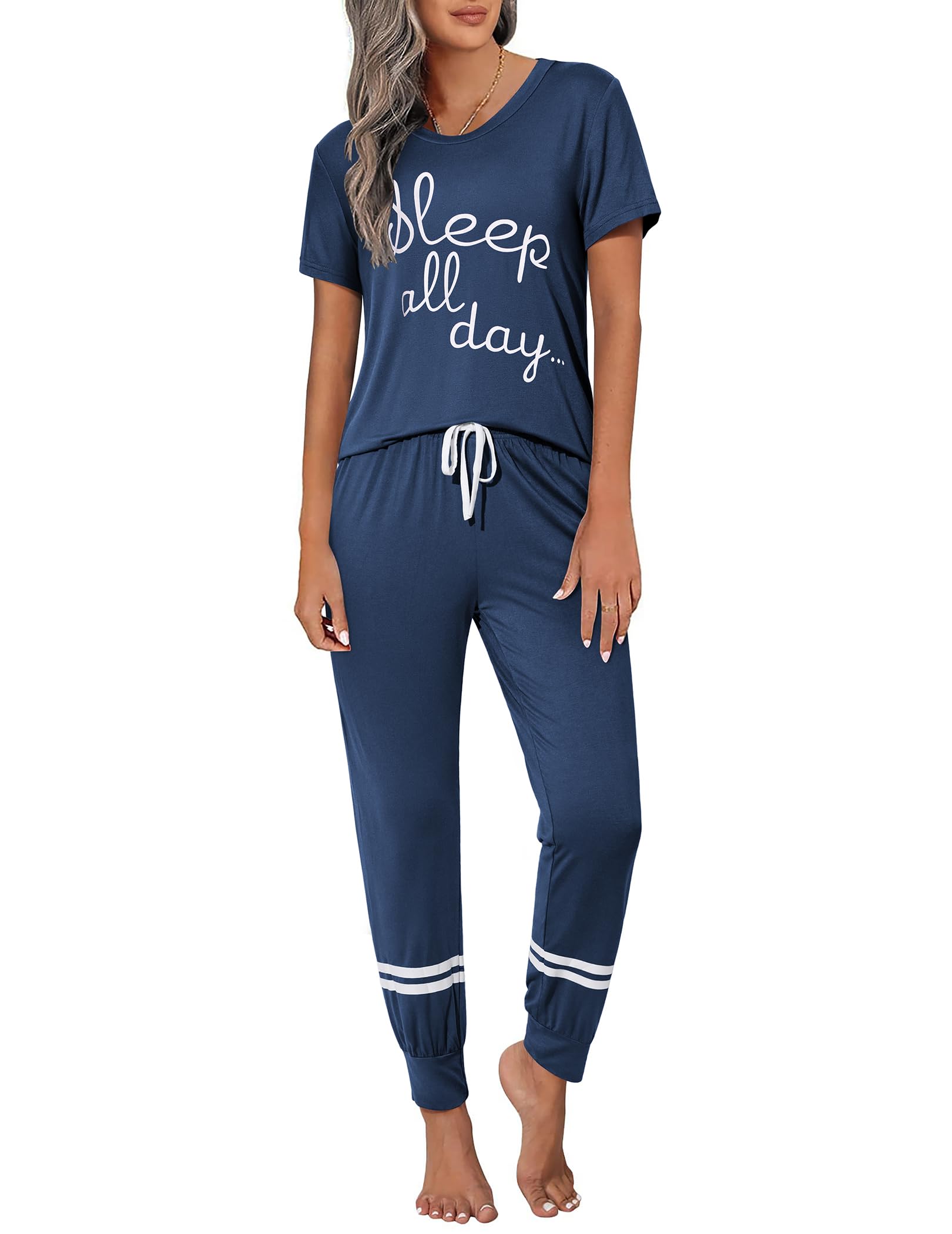 Ekouaer Pj Sets for Women Soft Sleep Wear Outfits Cute Pajama Tshirt and Long Pants Adjustment Drawstring Valentine day Navy