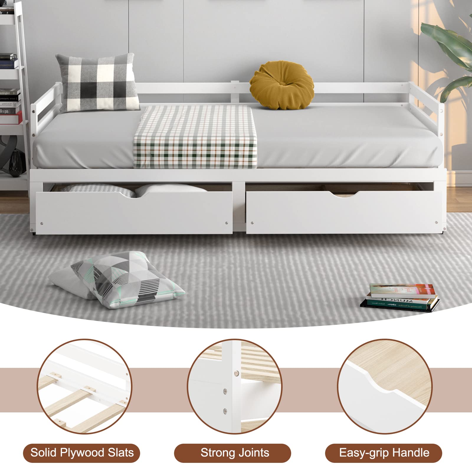 Giantex Wood Daybed with Trundle, Twin to King Extendable Daybed with 2 Storage Drawers, Dual-use Modern Day Bed for Teens, Adults, Bedroom, Guest Room, No Box Spring Required, White