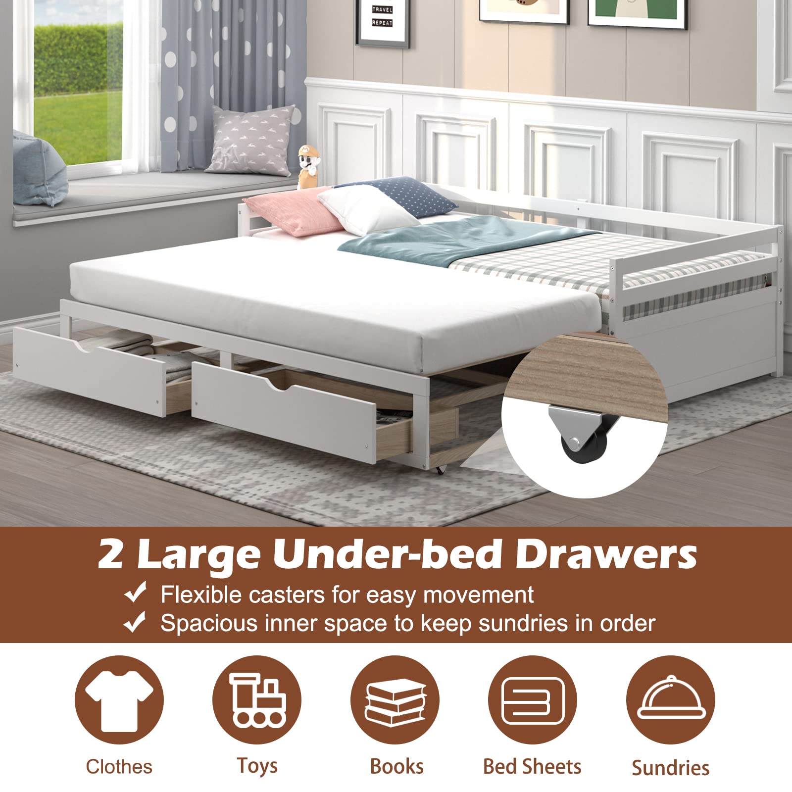 Giantex Wood Daybed with Trundle, Twin to King Extendable Daybed with 2 Storage Drawers, Dual-use Modern Day Bed for Teens, Adults, Bedroom, Guest Room, No Box Spring Required, White
