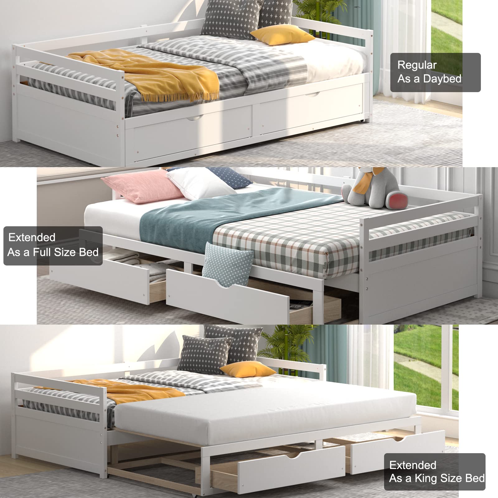 Giantex Wood Daybed with Trundle, Twin to King Extendable Daybed with 2 Storage Drawers, Dual-use Modern Day Bed for Teens, Adults, Bedroom, Guest Room, No Box Spring Required, White