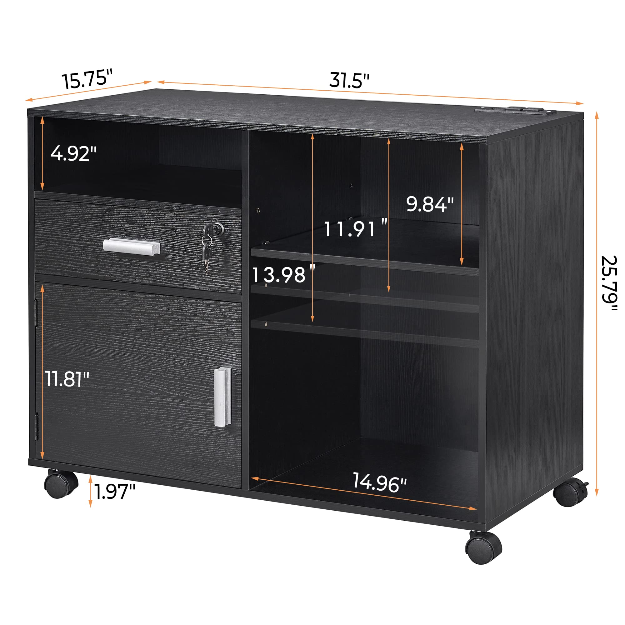 ANWBROAD Mobile File Cabinet with Charging Station & USB Ports, Rolling Printer Stand Filing Cabinets Lockable Storage Cabinet with Open Storage Shelves Drawers Home Office UBJG001H