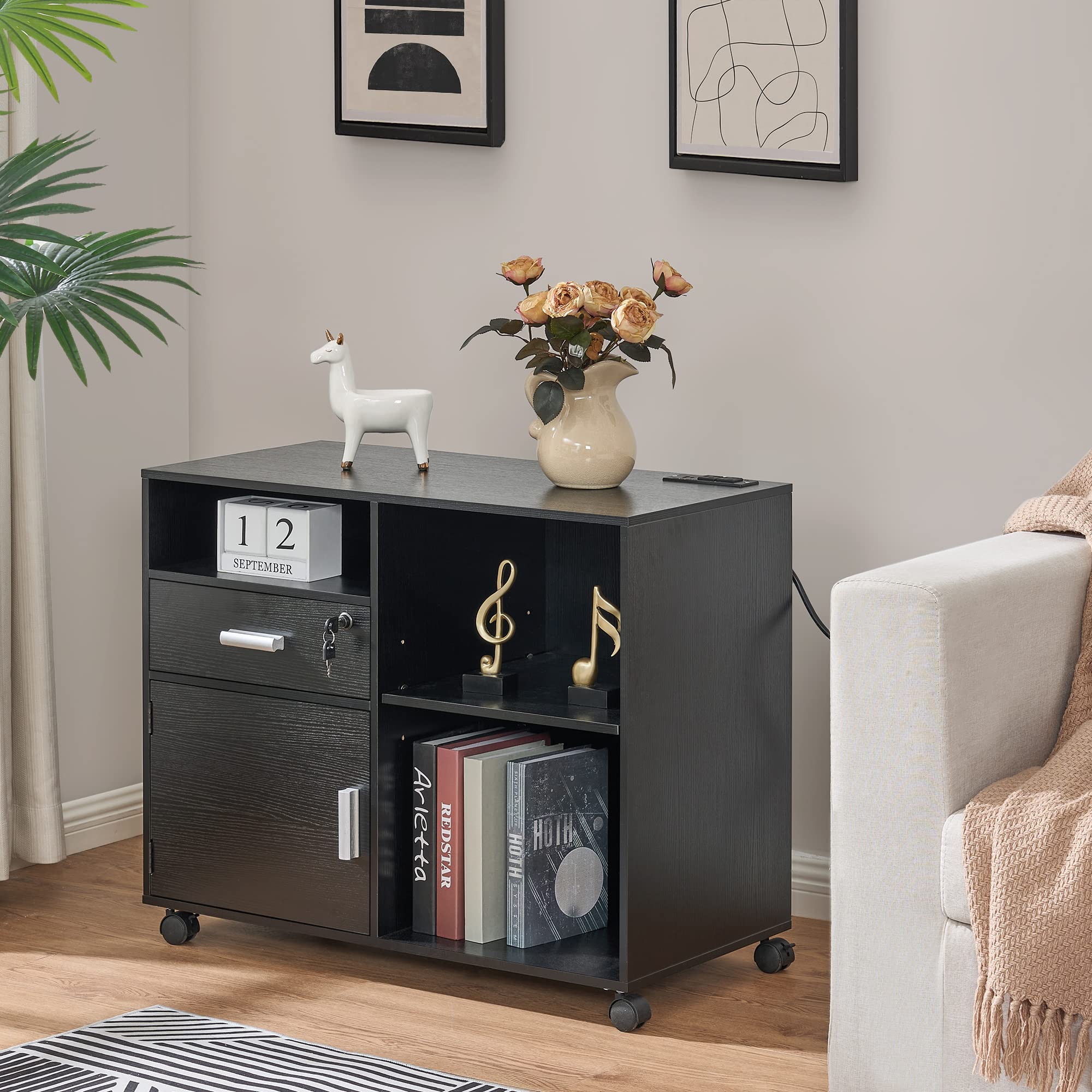ANWBROAD Mobile File Cabinet with Charging Station & USB Ports, Rolling Printer Stand Filing Cabinets Lockable Storage Cabinet with Open Storage Shelves Drawers Home Office UBJG001H