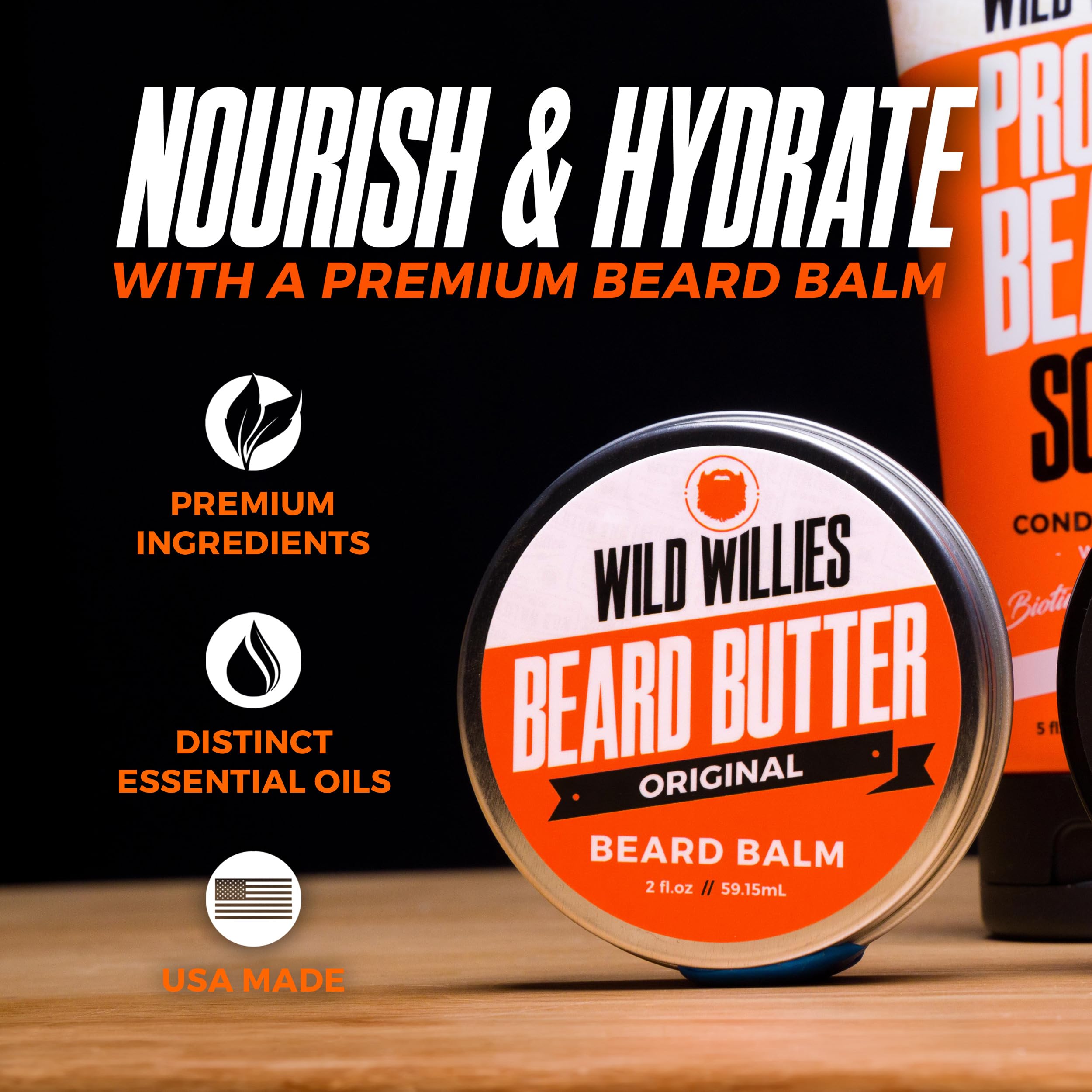 Premium Beard Balm Leave-in Conditioner by Wild Willies - Natural, Organic Ingredients & Essential Oils Promote Fast Beard Growth, Removes Itch & Dandruff - Beard Butter Restores Moisture - 2 Oz