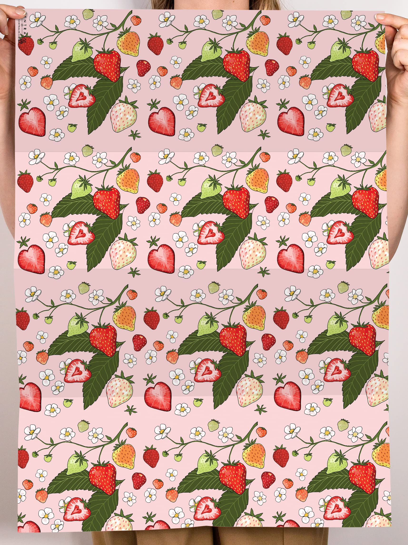 Pink Wrapping Paper - Strawberries Flowers Daisy - 6 Sheets Of Thick Gift Wrap - For Birthday Baby Shower Anniversary - Comes With Fun Stickers - By Central 23