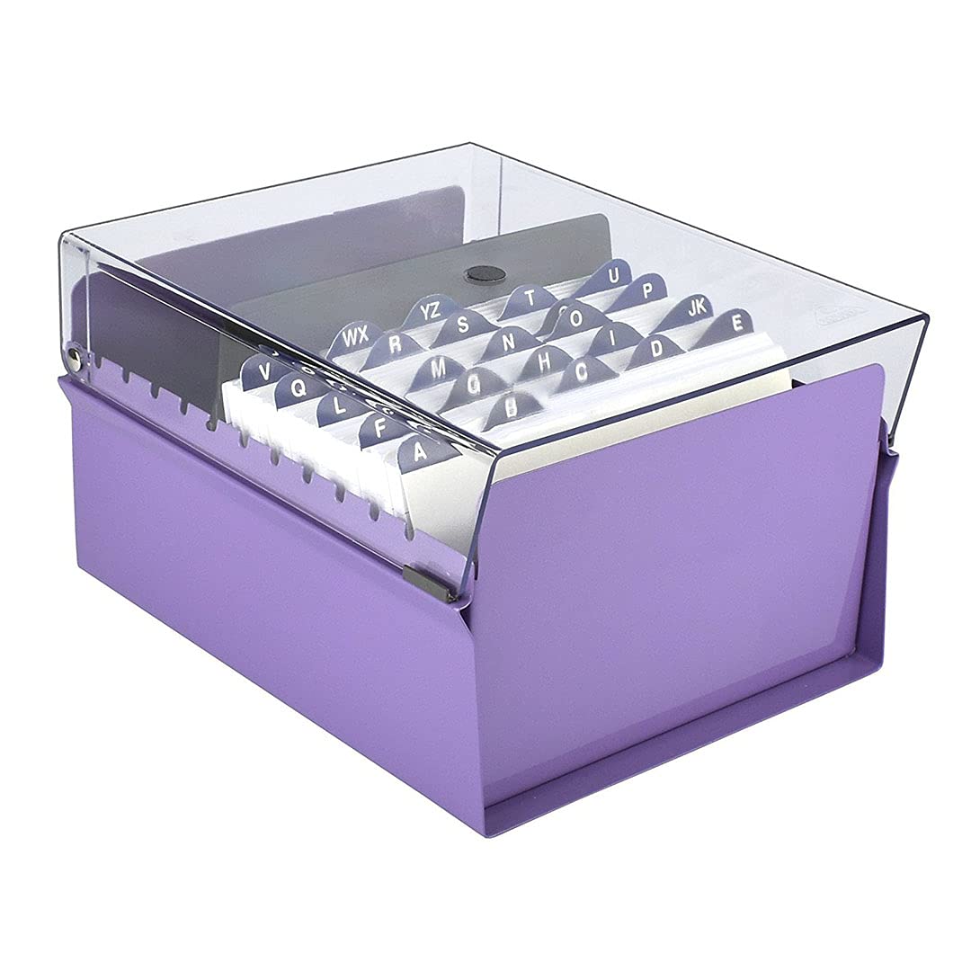 Acrimet 5 X 8 Card File Holder Organizer Metal Base Heavy Duty (AZ Index Cards and Divider Included) (Purple Color with Clear Crystal Plastic Lid Cover)