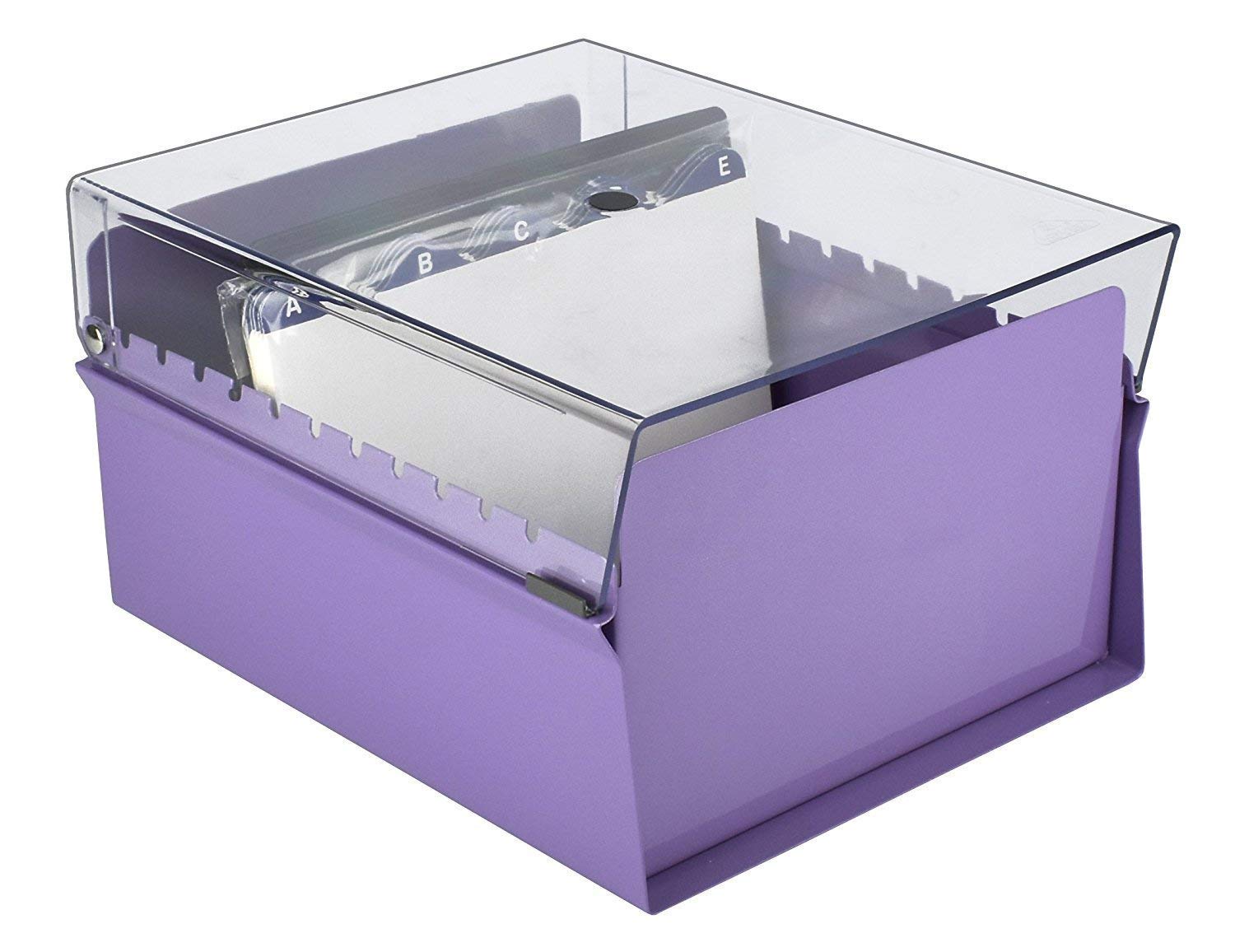 Acrimet 5 X 8 Card File Holder Organizer Metal Base Heavy Duty (AZ Index Cards and Divider Included) (Purple Color with Clear Crystal Plastic Lid Cover)