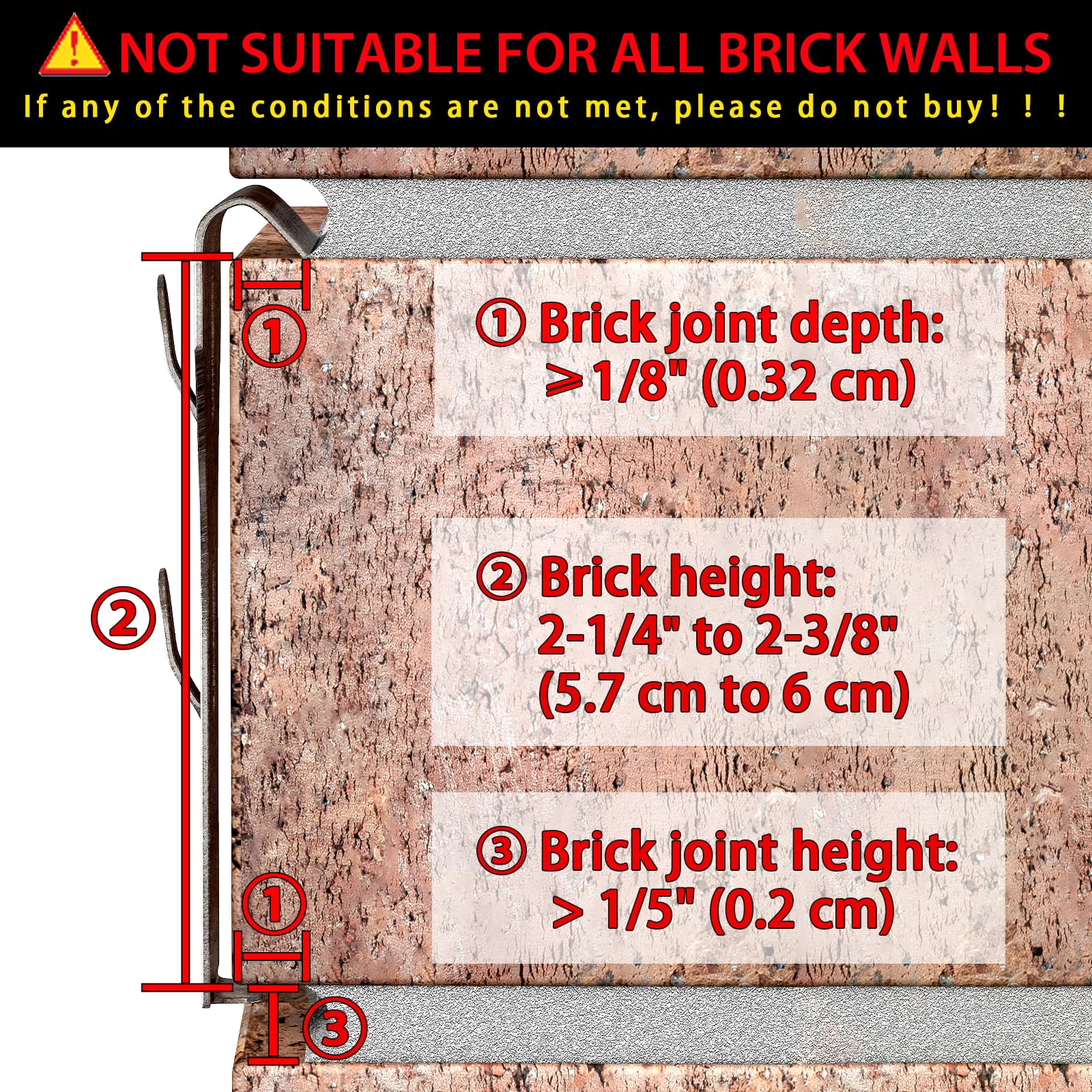Brick Hook Clips (4 Pack) for Hanging Outdoors, Brick Hangers Fits Standard Size Brick 2-1/4" to 2-3/8" in Height, Heavy Duty Brick Wall Clips Siding Hooks for Hanging No Drill and Nails
