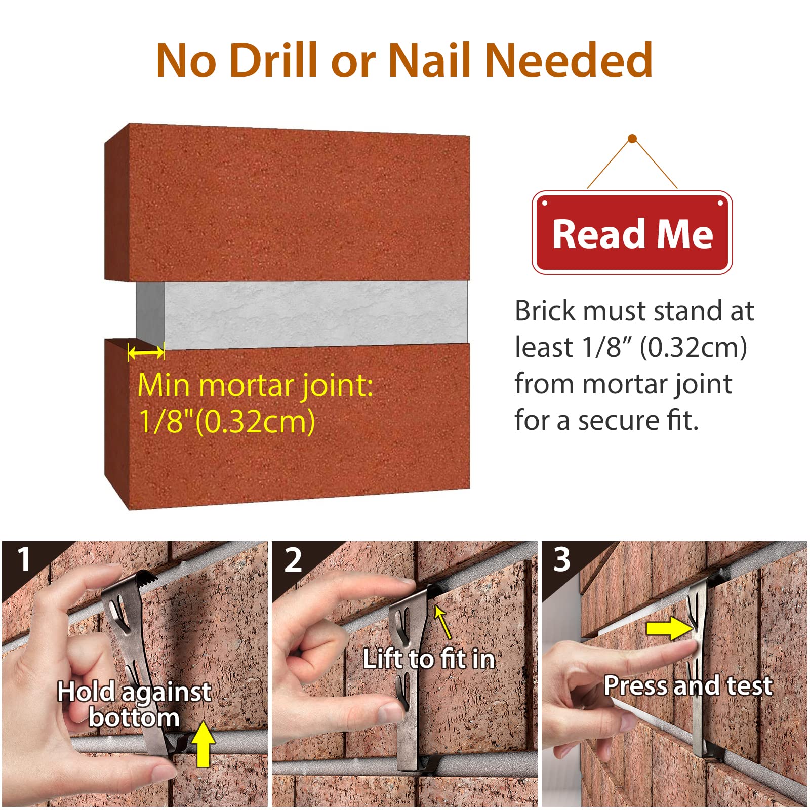 Brick Hook Clips (4 Pack) for Hanging Outdoors, Brick Hangers Fits Standard Size Brick 2-1/4" to 2-3/8" in Height, Heavy Duty Brick Wall Clips Siding Hooks for Hanging No Drill and Nails