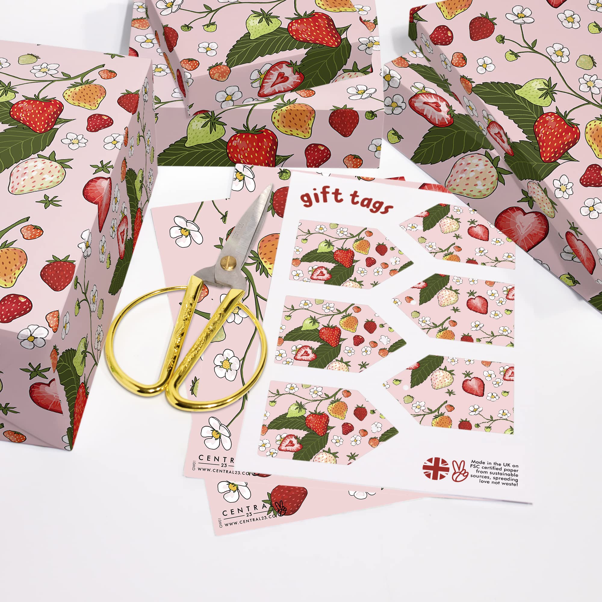 Pink Wrapping Paper - Strawberries Flowers Daisy - 6 Sheets Of Thick Gift Wrap - For Birthday Baby Shower Anniversary - Comes With Fun Stickers - By Central 23