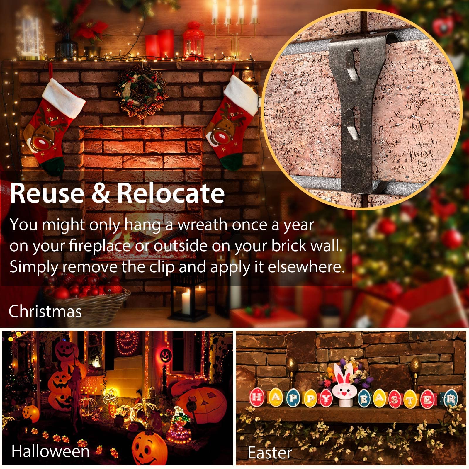 Brick Hook Clips (4 Pack) for Hanging Outdoors, Brick Hangers Fits Standard Size Brick 2-1/4" to 2-3/8" in Height, Heavy Duty Brick Wall Clips Siding Hooks for Hanging No Drill and Nails