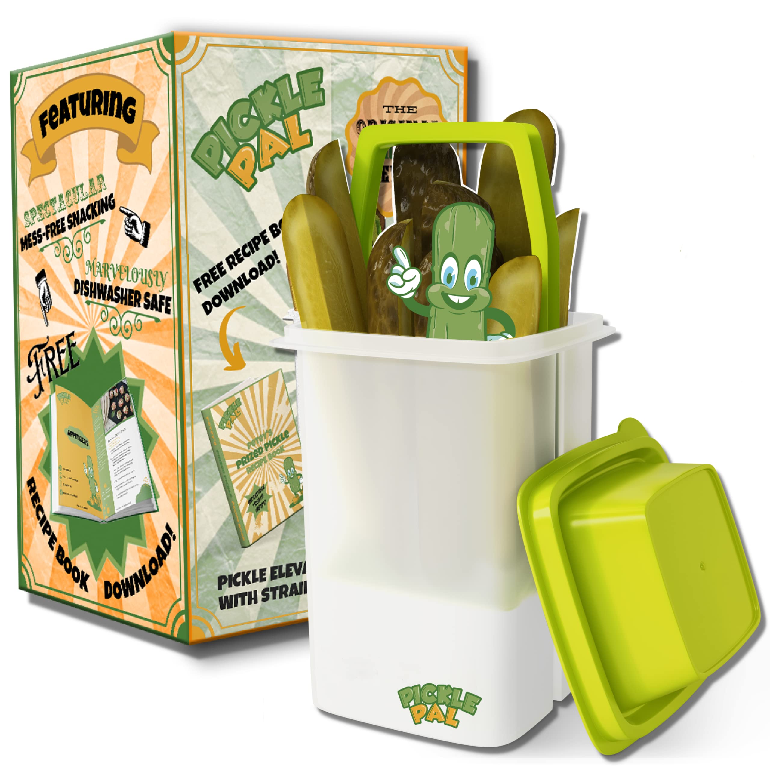 Pickle Pal Pickle Container with Strainer | Jalapeno Container with Pickle Grabber | Pickle Jar with Strainer Flip for Olives, Fruit, Veggie Containers | Pickle Holder 40 oz | Chamoy Pickle Kit