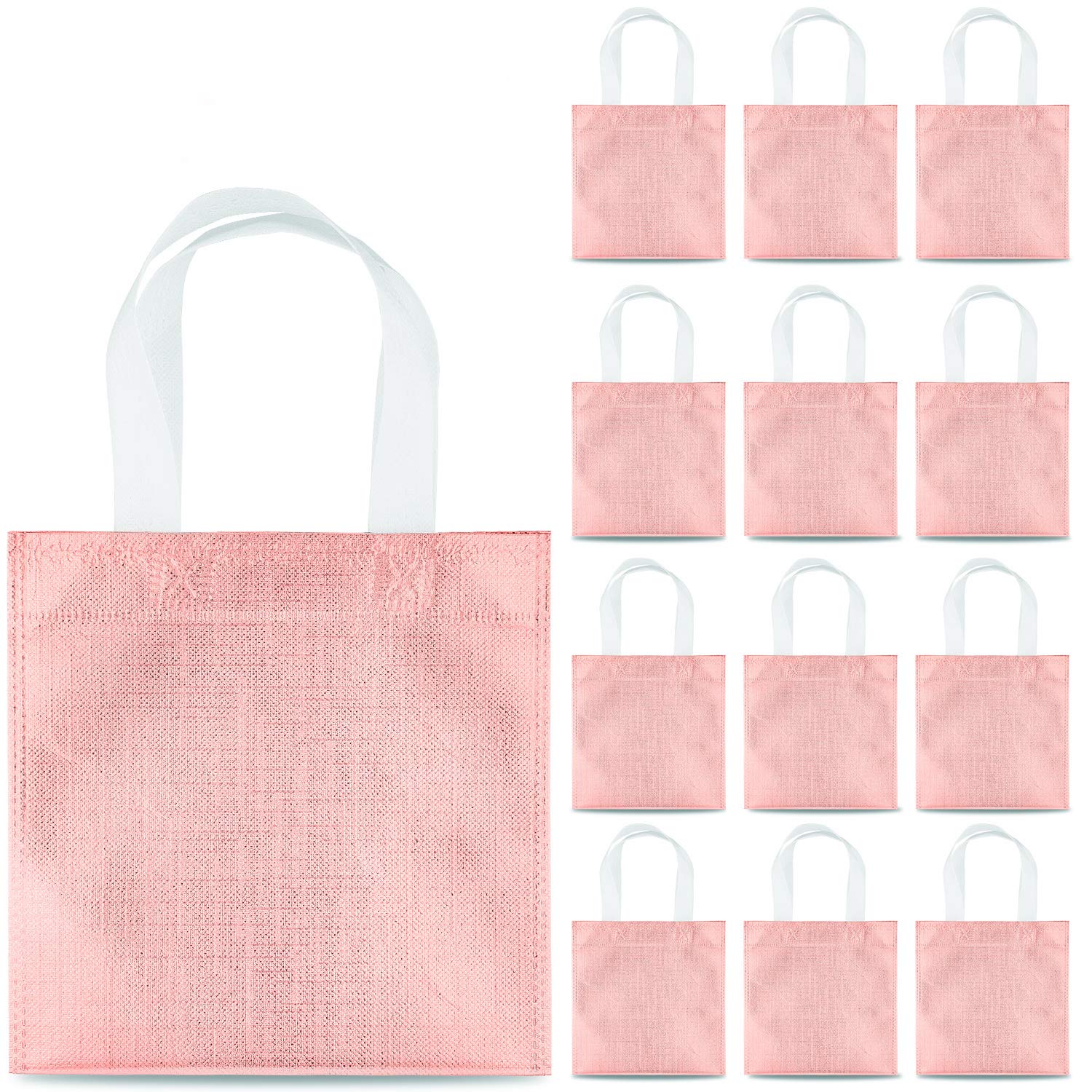 Whaline 24 Pieces 8''x8'' Non-Woven Small Party Bags, Gift Bags, Reusable Candy Goodie Bags, DIY Craft Bags, Glossy Tote Bags for Birthday, Holiday, Event (Rose Gold)