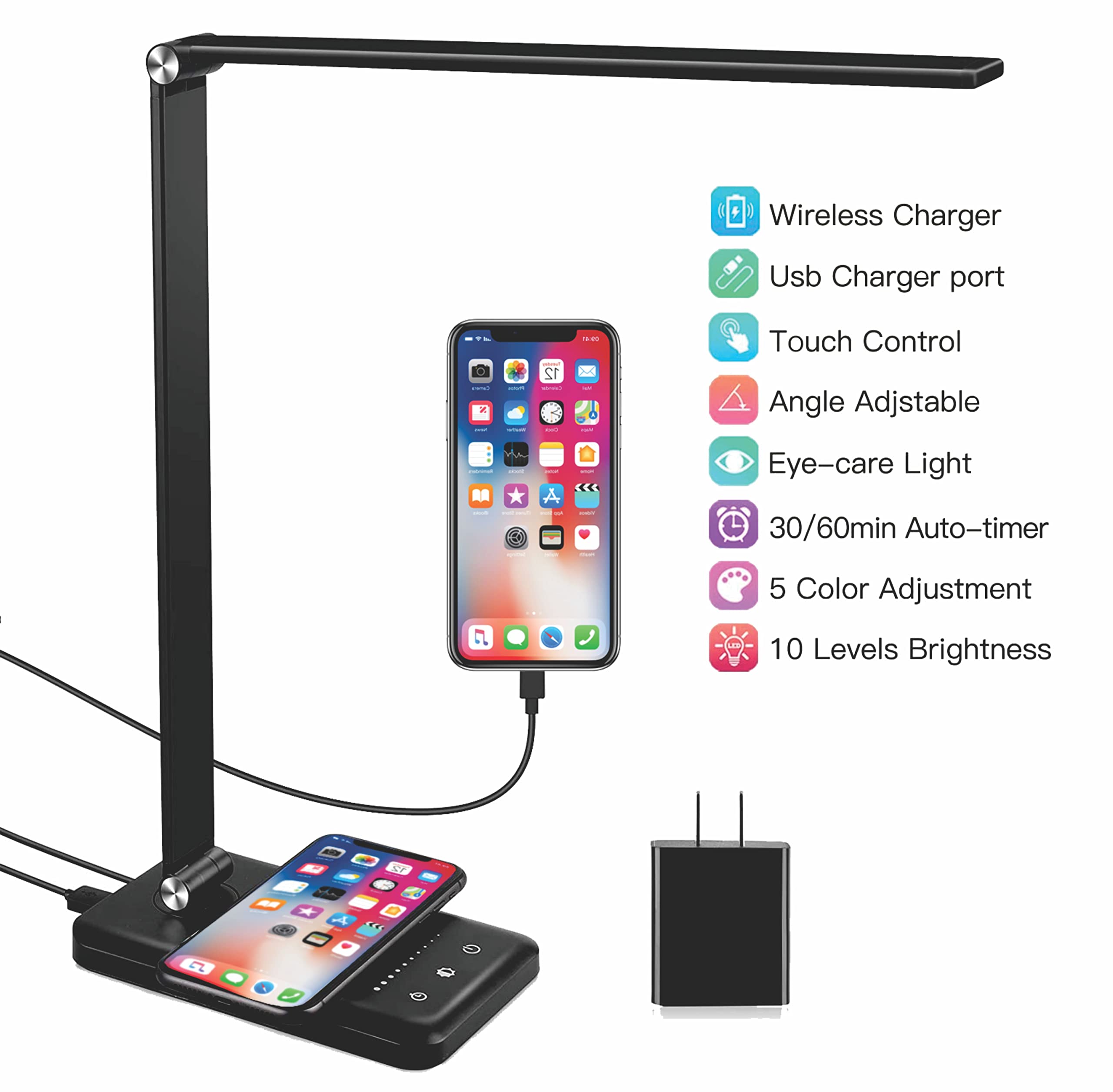 Enwar LED Desk Lamp| Multifunctional Touch Lamp| Wireless Charging Pad| 5 Lighting Modes with 5 Brightness Levels| Touch Control Dimmer |30/60 min Timer| Desk Lights for Home, Office, Bedroom