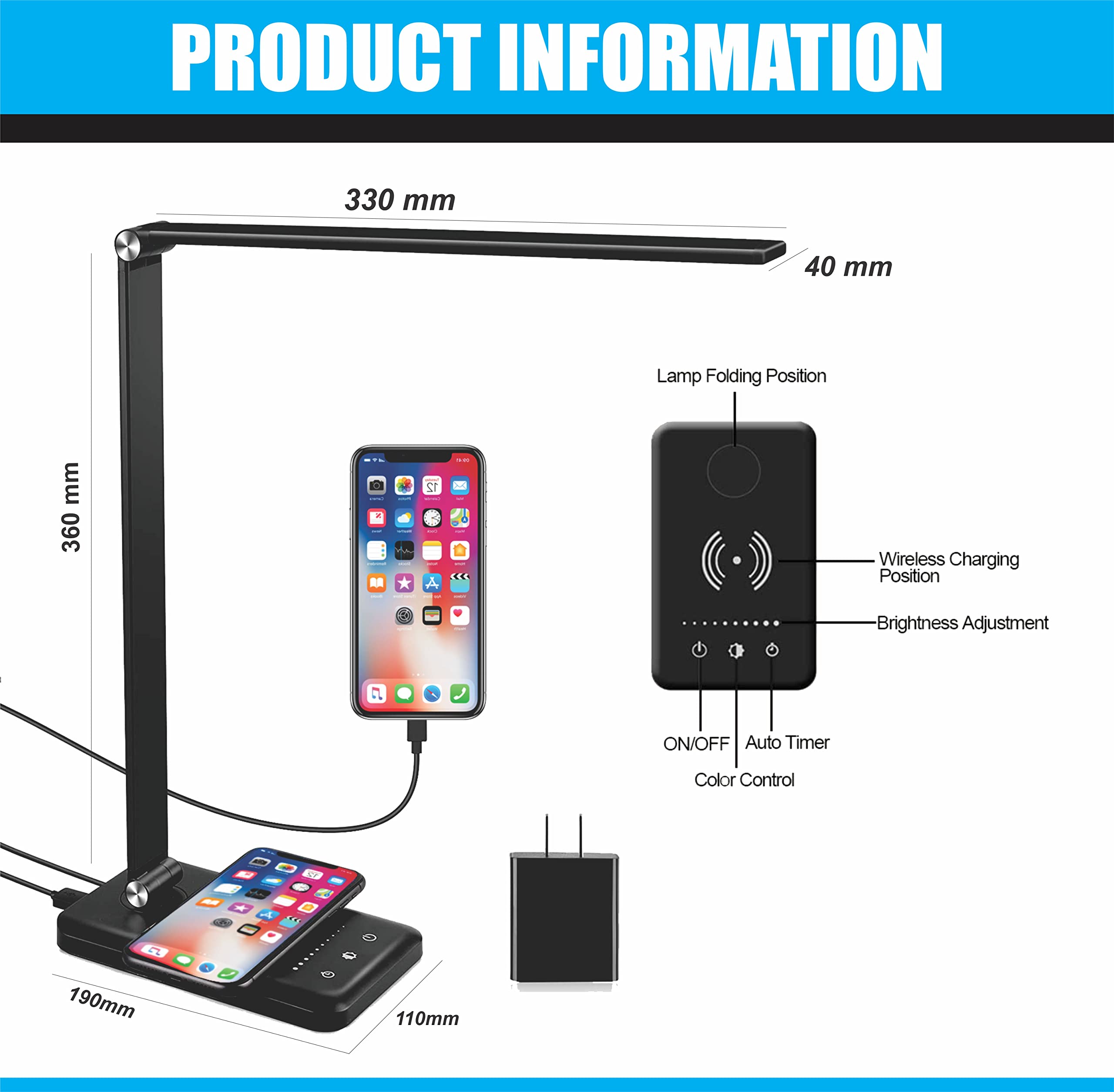 Enwar LED Desk Lamp| Multifunctional Touch Lamp| Wireless Charging Pad| 5 Lighting Modes with 5 Brightness Levels| Touch Control Dimmer |30/60 min Timer| Desk Lights for Home, Office, Bedroom