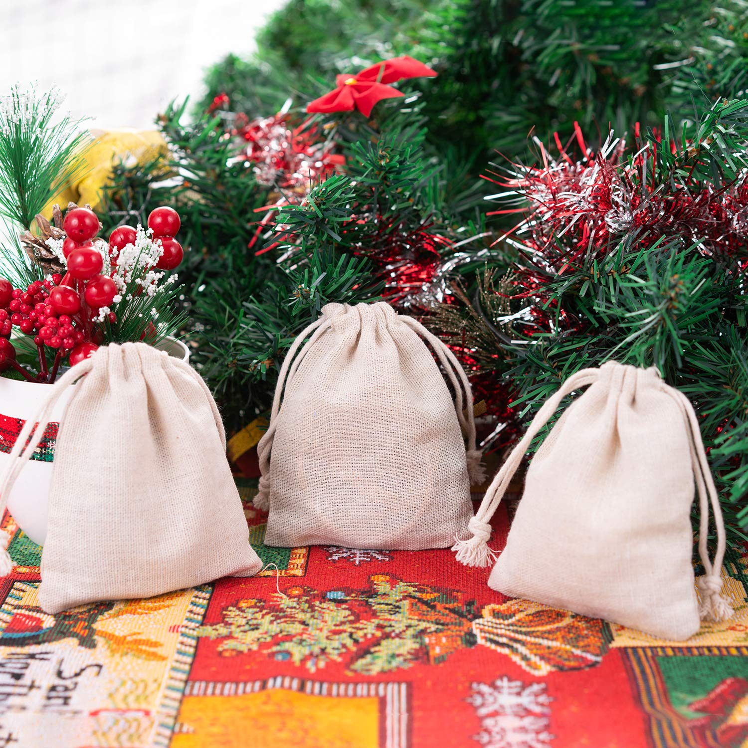 handrong 50pcs Small Cotton Double Drawstring Bags Reusable Muslin Cloth Gift Candy Favor Bag Jewelry Pouches for Wedding DIY Craft Soaps Herbs Tea Spice Bean Sachets Christmas, 3x4 inch