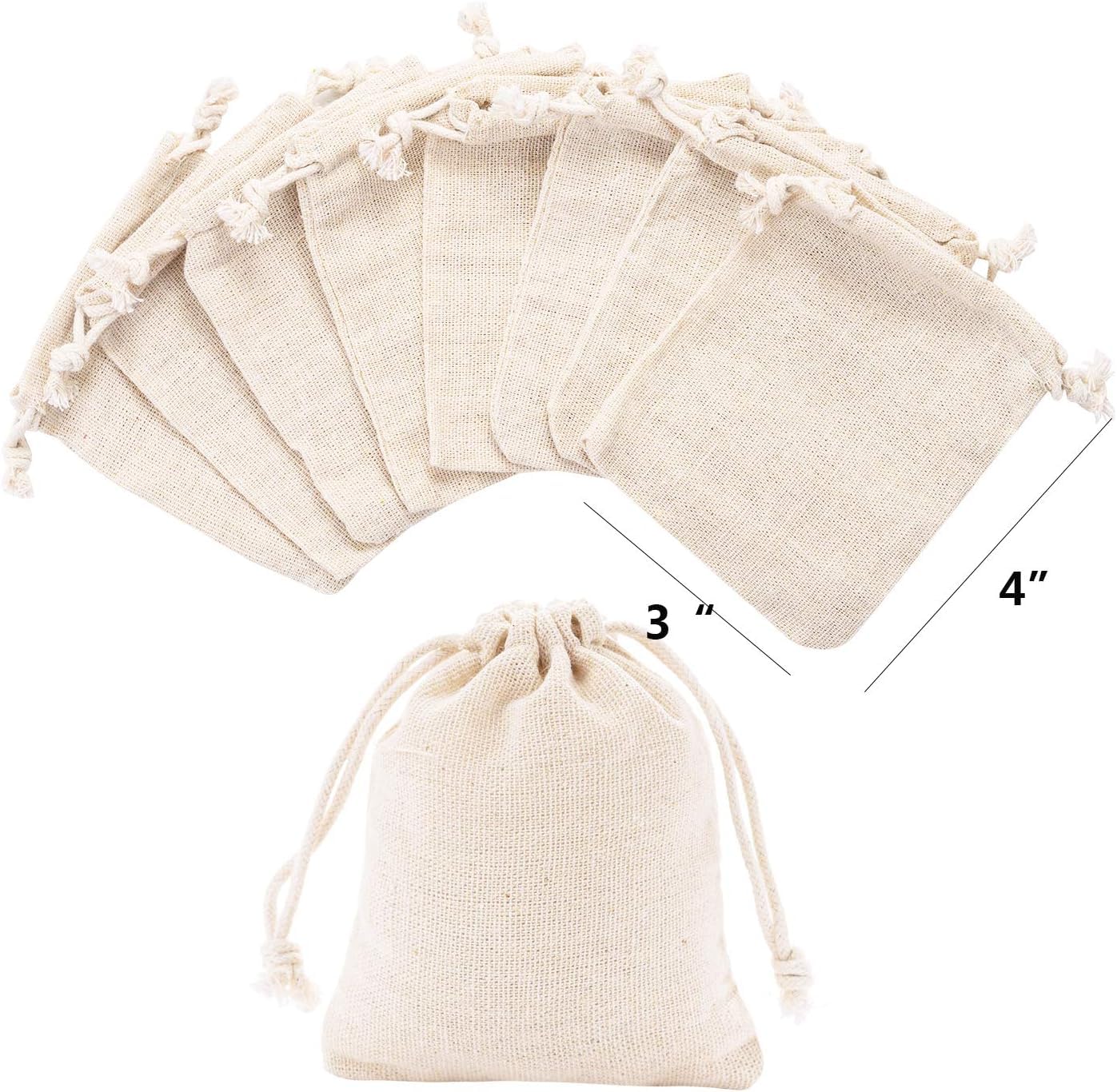 handrong 50pcs Small Cotton Double Drawstring Bags Reusable Muslin Cloth Gift Candy Favor Bag Jewelry Pouches for Wedding DIY Craft Soaps Herbs Tea Spice Bean Sachets Christmas, 3x4 inch