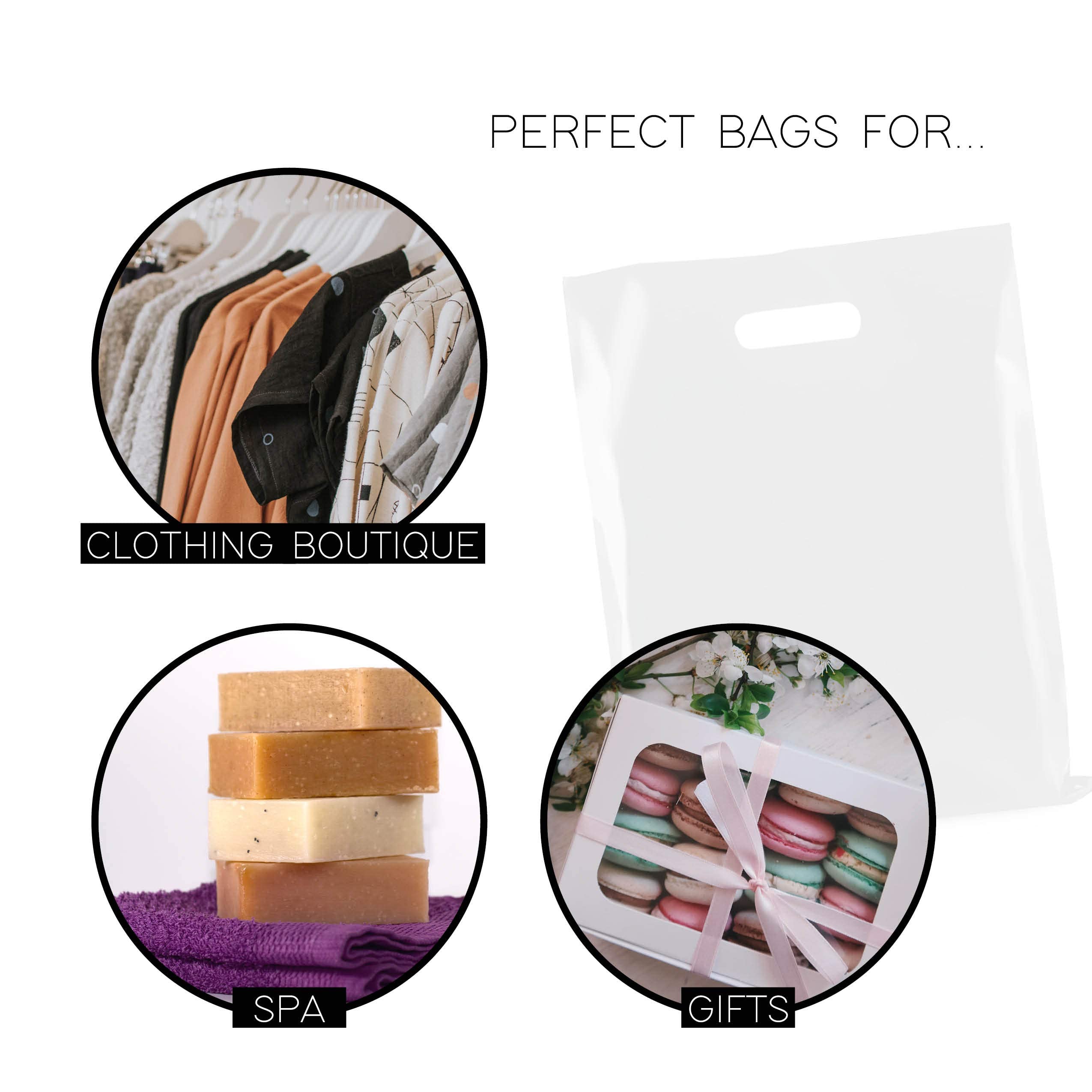 Clear Plastic Bag With Handles 12"x15" Clear Frosted Die Cut Plastic Bags With Handles 100 Pack for Merchandise, Retail, Gifts, Trade Show and More (12"x15")