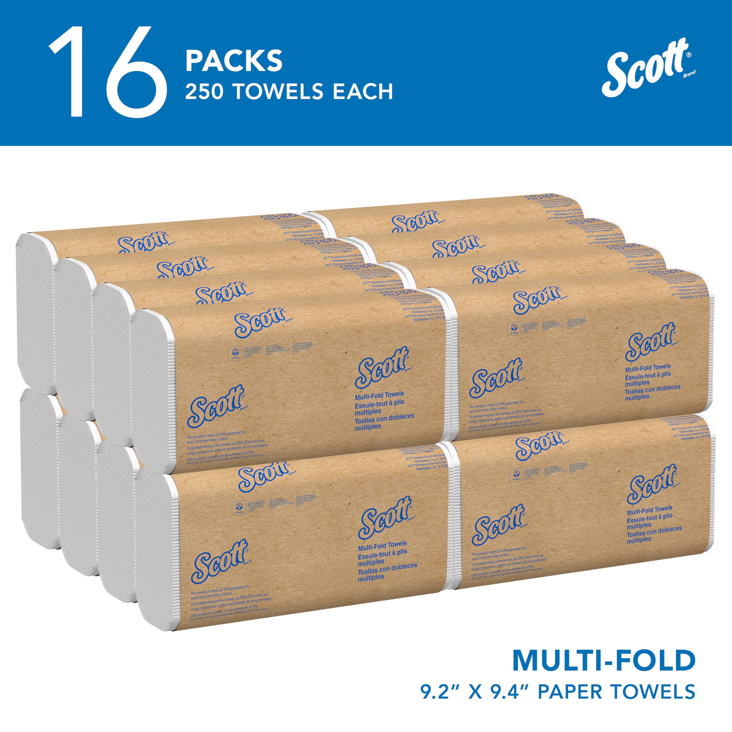 Scott Essential Multifold Paper Towels (01840) with Fast-Drying Absorbency Pockets, White, 250 Count (Pack of 16)