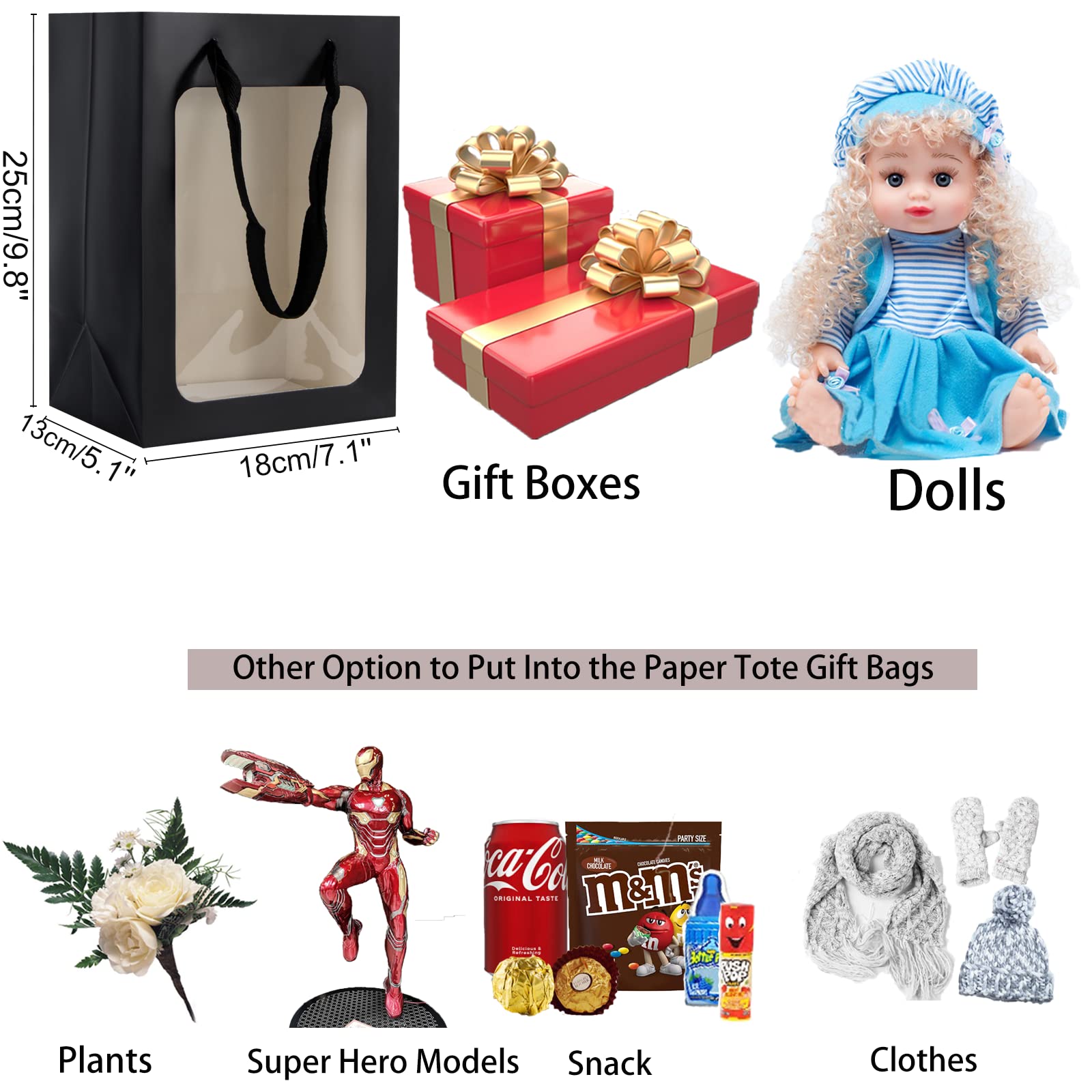 Dasofine 12pcs Gift Bag with Window, Sturdy Paper Tote with Transparent Window, 7.1”×5.1”×9.8” Paper Gift Bags with Handles , Flower Bouquet Bags