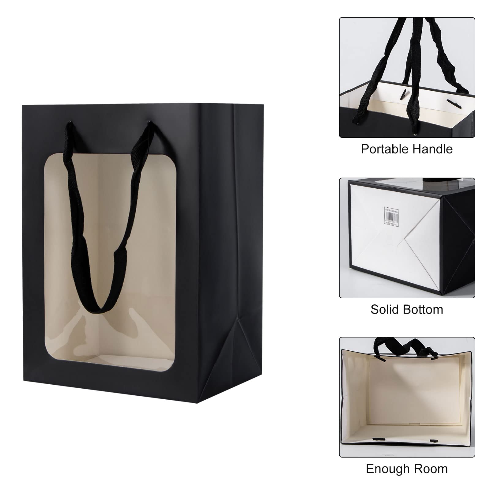 Dasofine 12pcs Gift Bag with Window, Sturdy Paper Tote with Transparent Window, 7.1”×5.1”×9.8” Paper Gift Bags with Handles , Flower Bouquet Bags