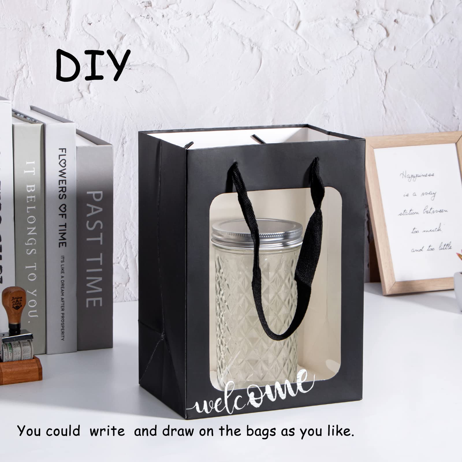 Dasofine 12pcs Gift Bag with Window, Sturdy Paper Tote with Transparent Window, 7.1”×5.1”×9.8” Paper Gift Bags with Handles , Flower Bouquet Bags