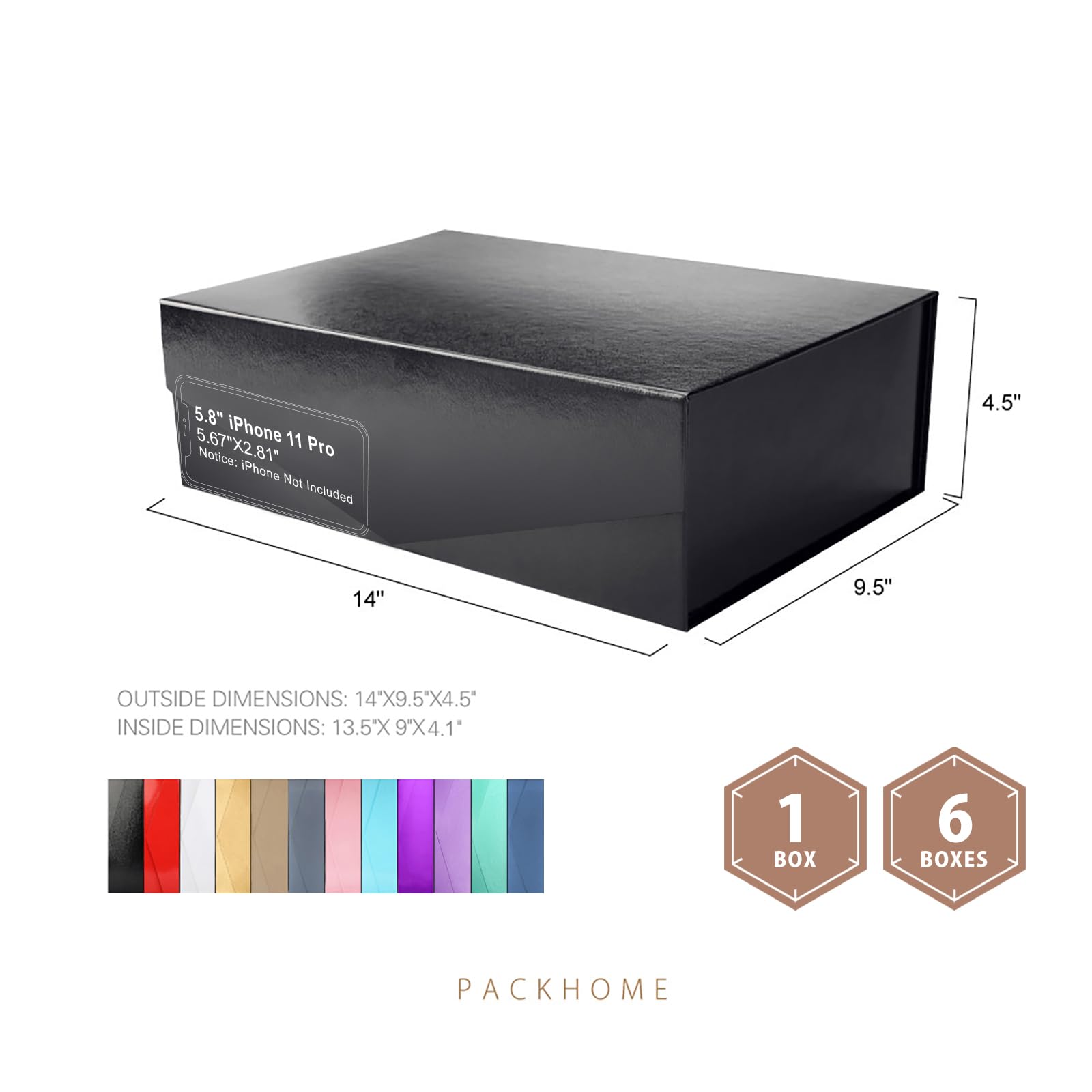 PACKHOME Gift Box 13.5x9x4.1 Inches, Large Gift Box with Lid, Groomsman box, Sturdy Gift Box, Collapsible Gift Box with Magnetic Closure (Glossy Black, Grass Texture)