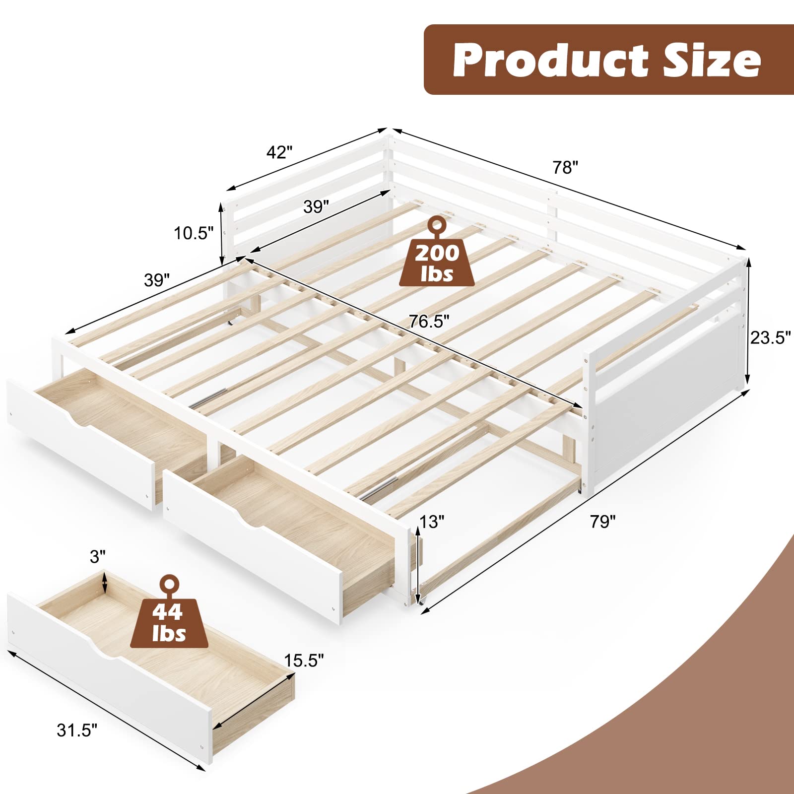 Giantex Wood Daybed with Trundle, Twin to King Extendable Daybed with 2 Storage Drawers, Dual-use Modern Day Bed for Teens, Adults, Bedroom, Guest Room, No Box Spring Required, White