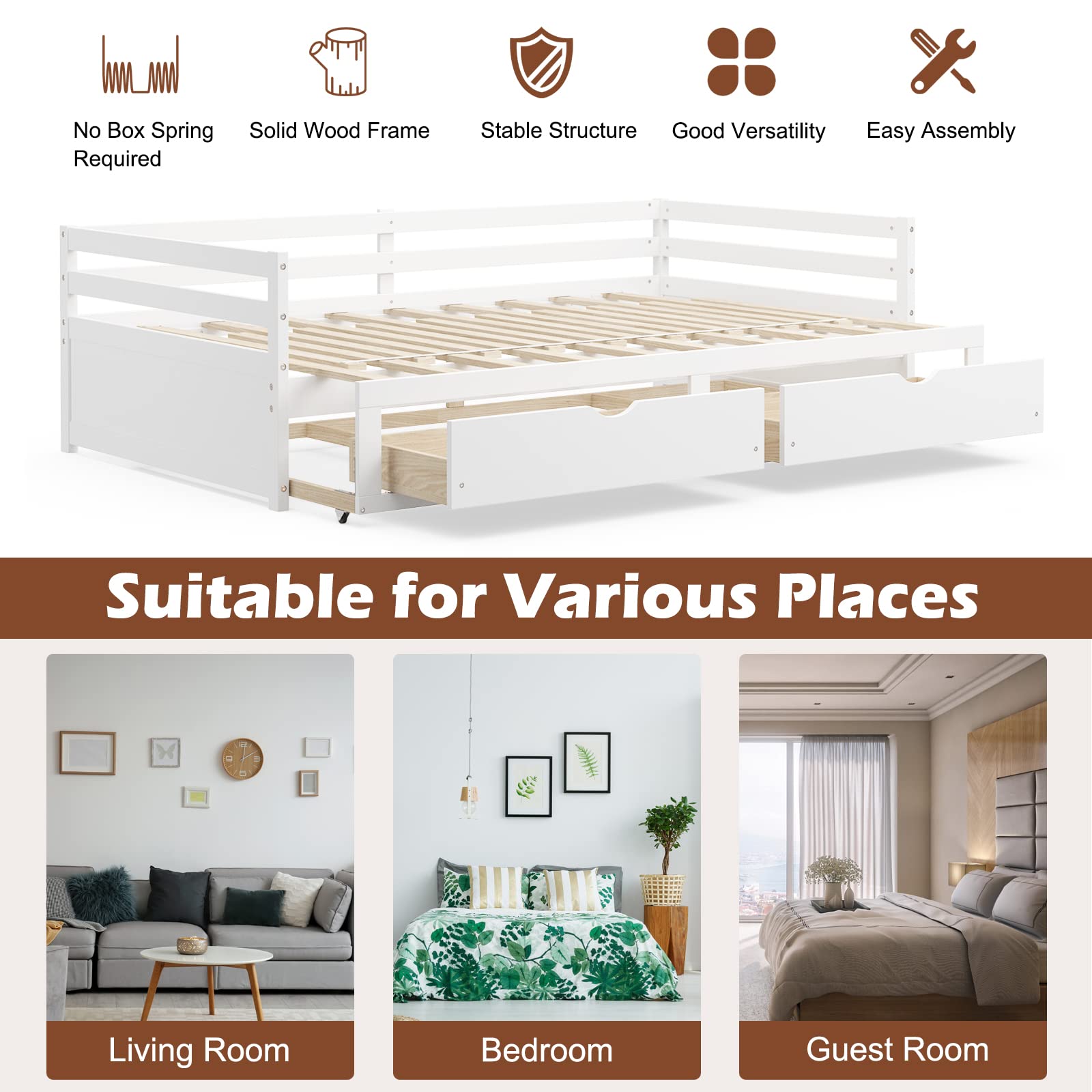 Giantex Wood Daybed with Trundle, Twin to King Extendable Daybed with 2 Storage Drawers, Dual-use Modern Day Bed for Teens, Adults, Bedroom, Guest Room, No Box Spring Required, White