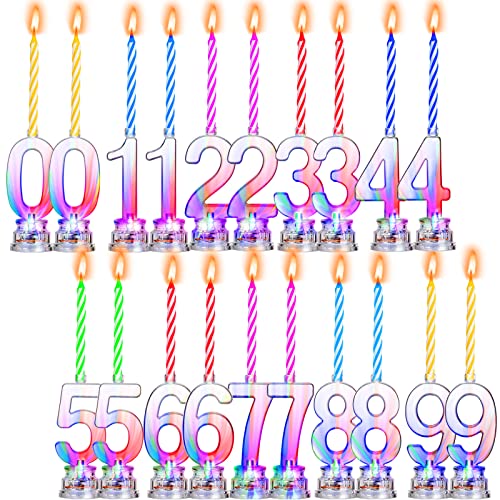 20 Pieces Birthday Number Candle Flashing Multicolor Light up Cake Candle Set LED Number Birthday Cake Topper Candle with 80 Pieces Wax Candles for Birthday Anniversary Celebration
