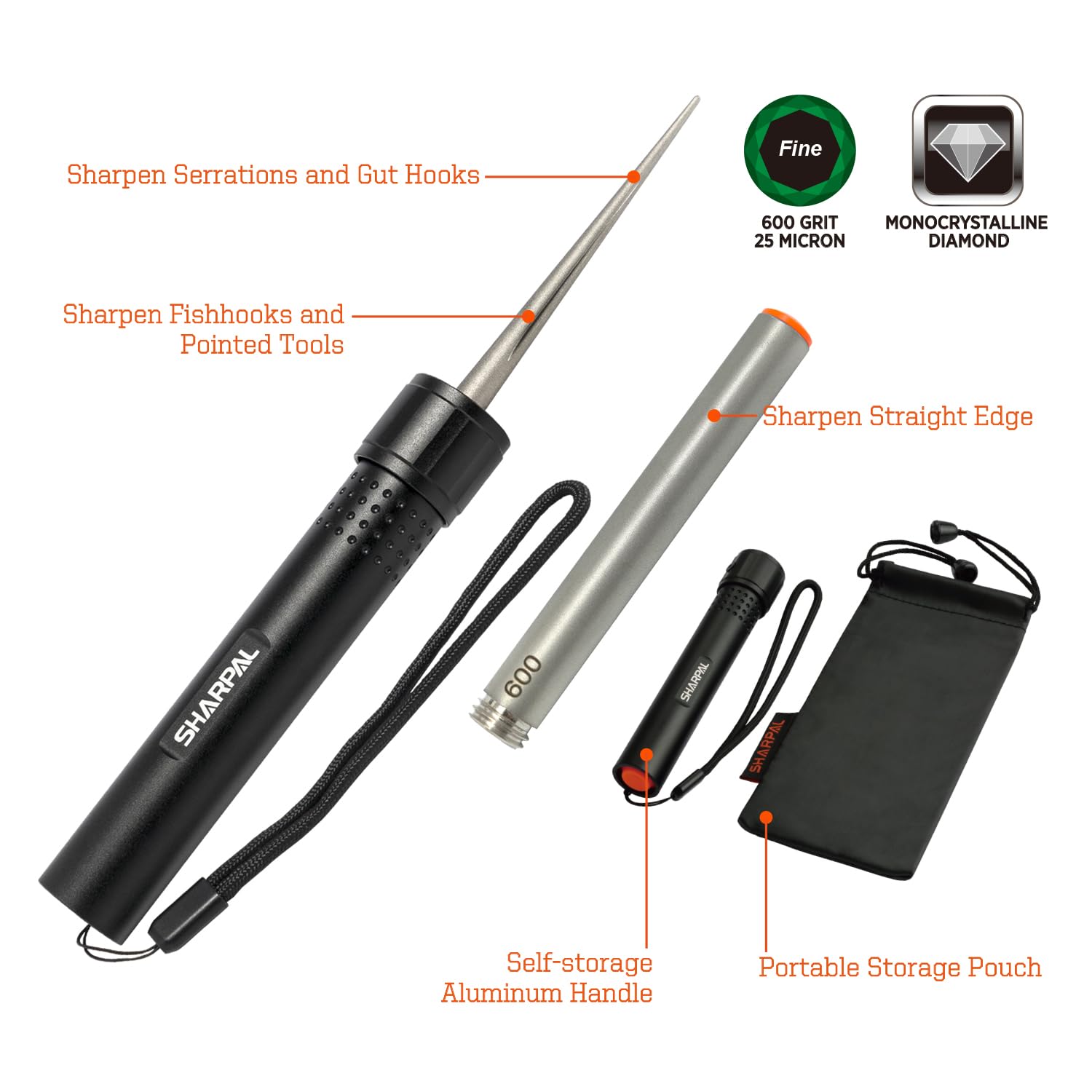SHARPAL 178N 3-In-1 Blade Sharpener | 4-Inch 600 Grit Diamond Sharpening Rod | Sharpen All Knife and Tool with Straight Edge, Serration & Hooks | Pocket Knife Sharpener | Durable Aluminum Handle