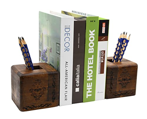 OwlGift Rustic Brown Solid Bamboo Decorative Bookends w/ Laser Engraved, Office Desk Book Stand with Stationery Holder and Pencil Cup, 1-Pair