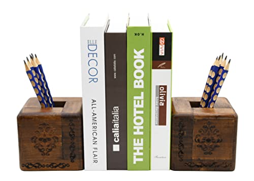 OwlGift Rustic Brown Solid Bamboo Decorative Bookends w/ Laser Engraved, Office Desk Book Stand with Stationery Holder and Pencil Cup, 1-Pair