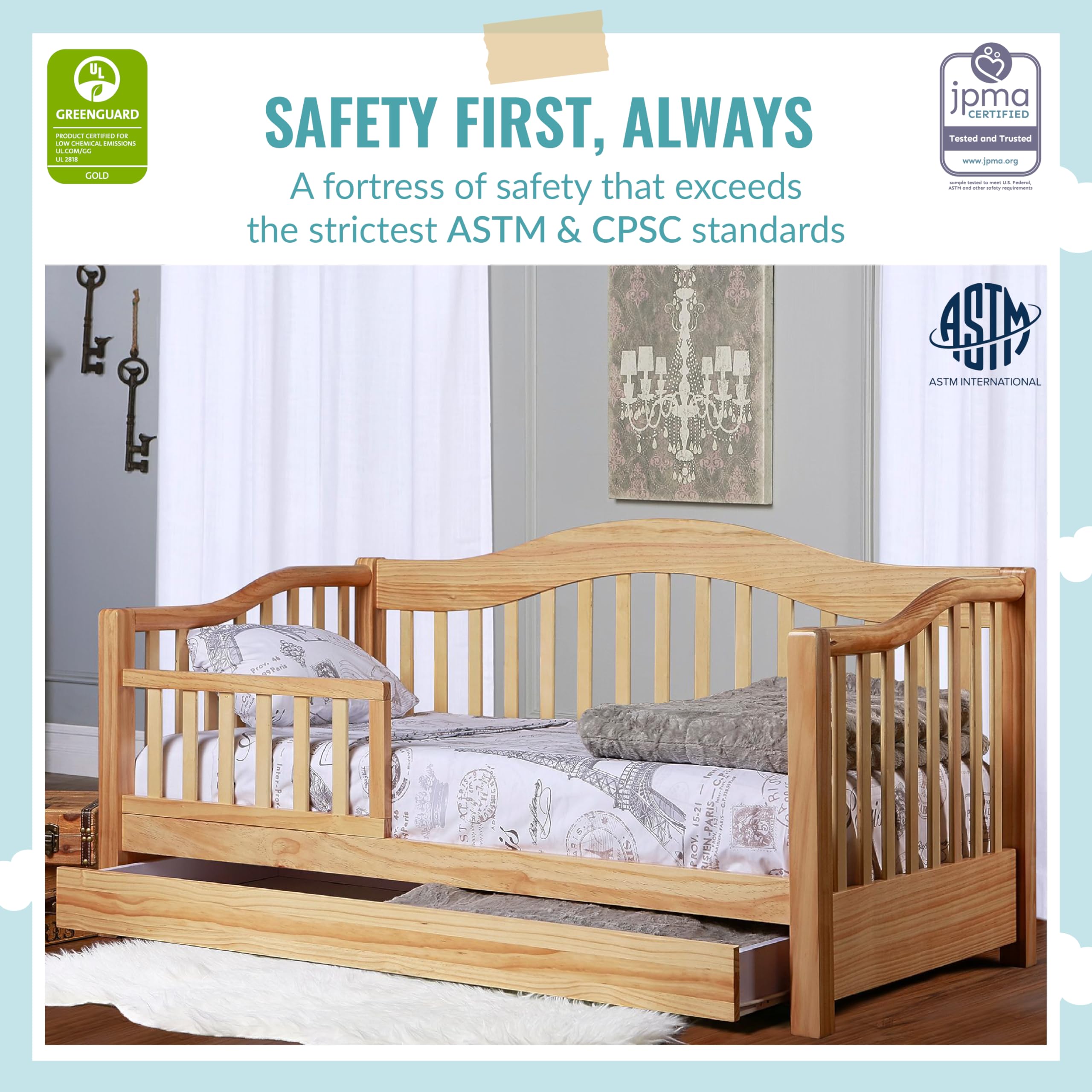 Dream On Me Toddler Day Bed in Natural, Greenguard Gold Certified, 54.5x29x28 Inch (Pack of 1)