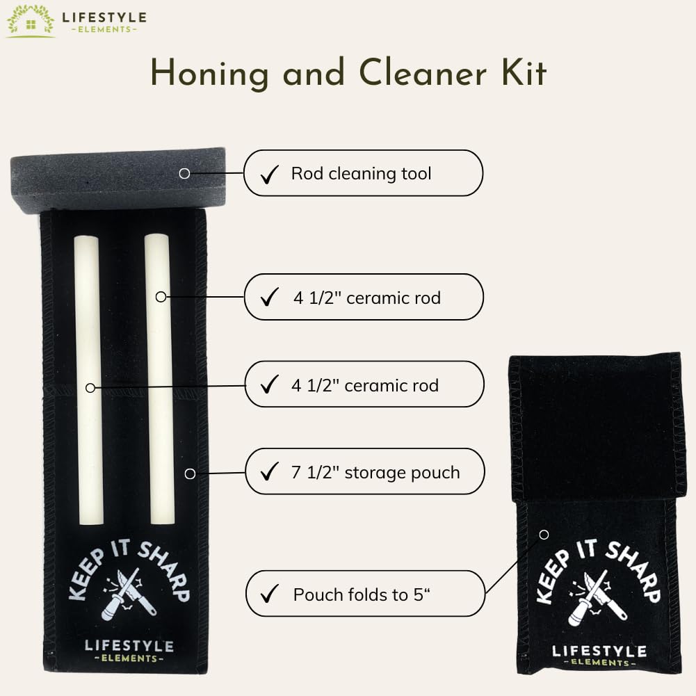 Honing Rod Knife Sharpener Bundle - Arkansas Sharpeners 4 1/2in Ceramic Rod (Pack of 2) and Super Rust Eraser Sharpening Rod Cleaner (Pack of 1) with Protective Storage Pouch by Lifestyle Elements